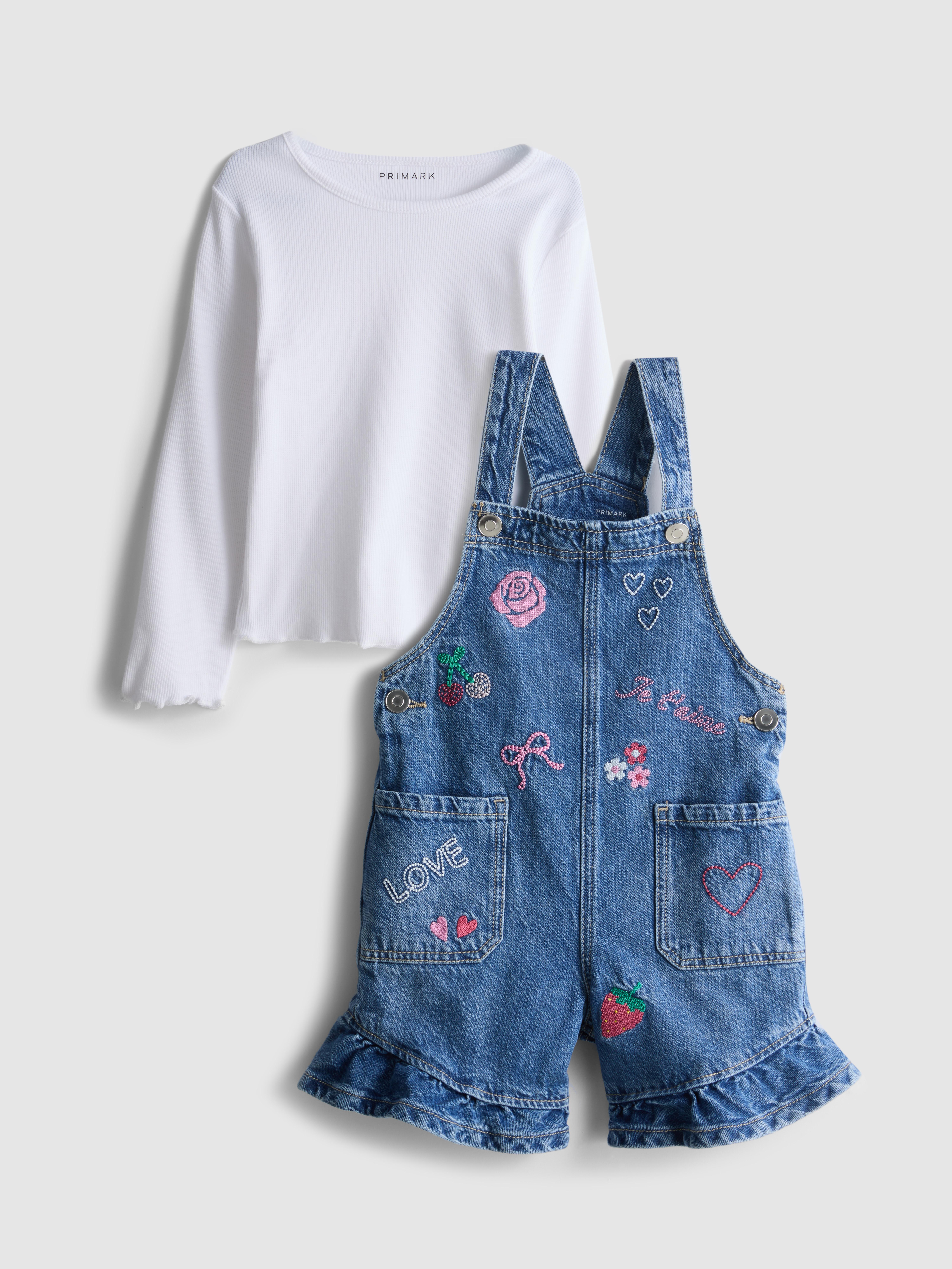 Girls Light Blue 1.5-8yrs | Long-Sleeve T-Shirt and Denim Romper Set ...