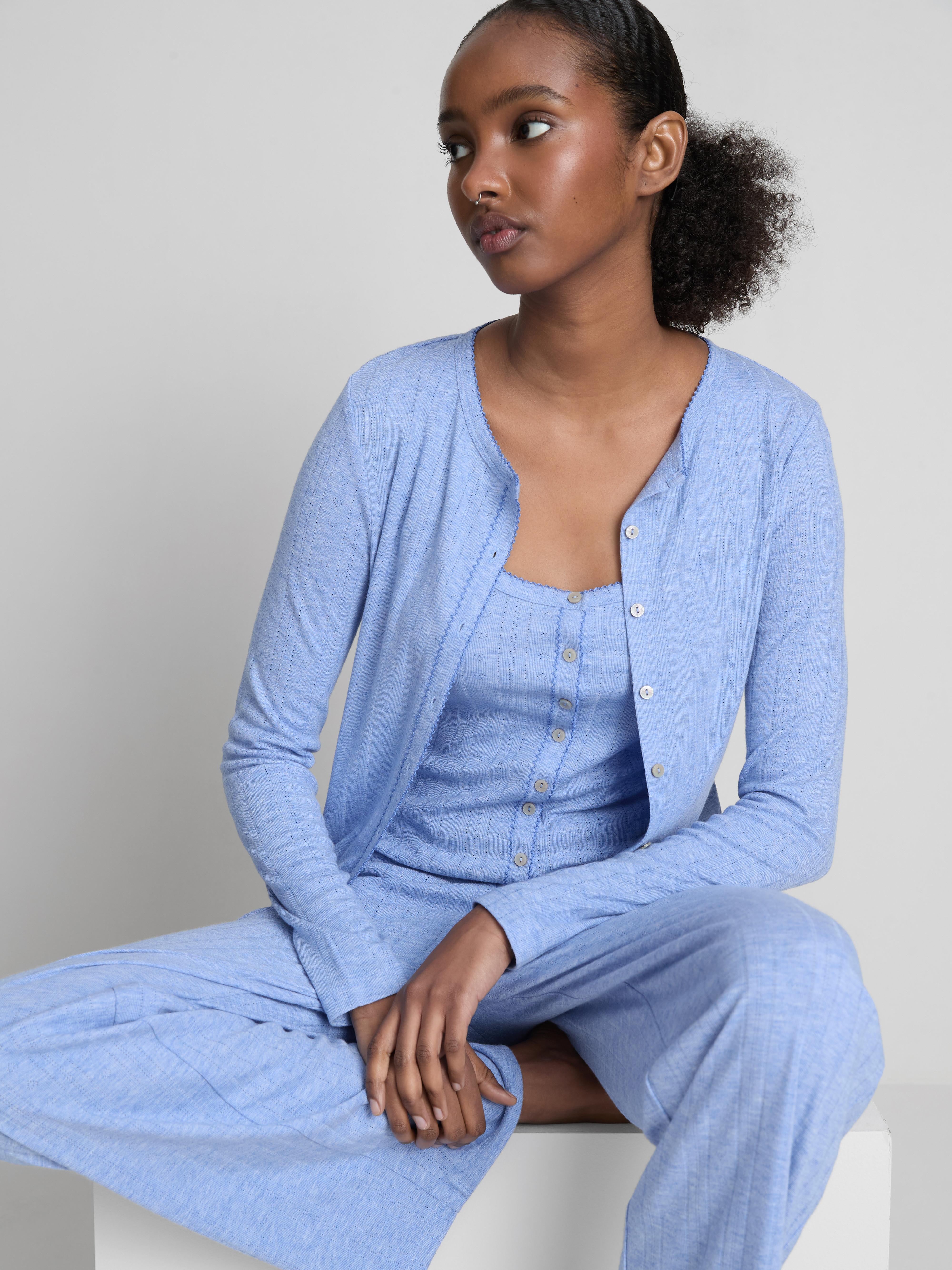Women's Blue Long Sleeve Pointelle Pyjama Top | Penneys
