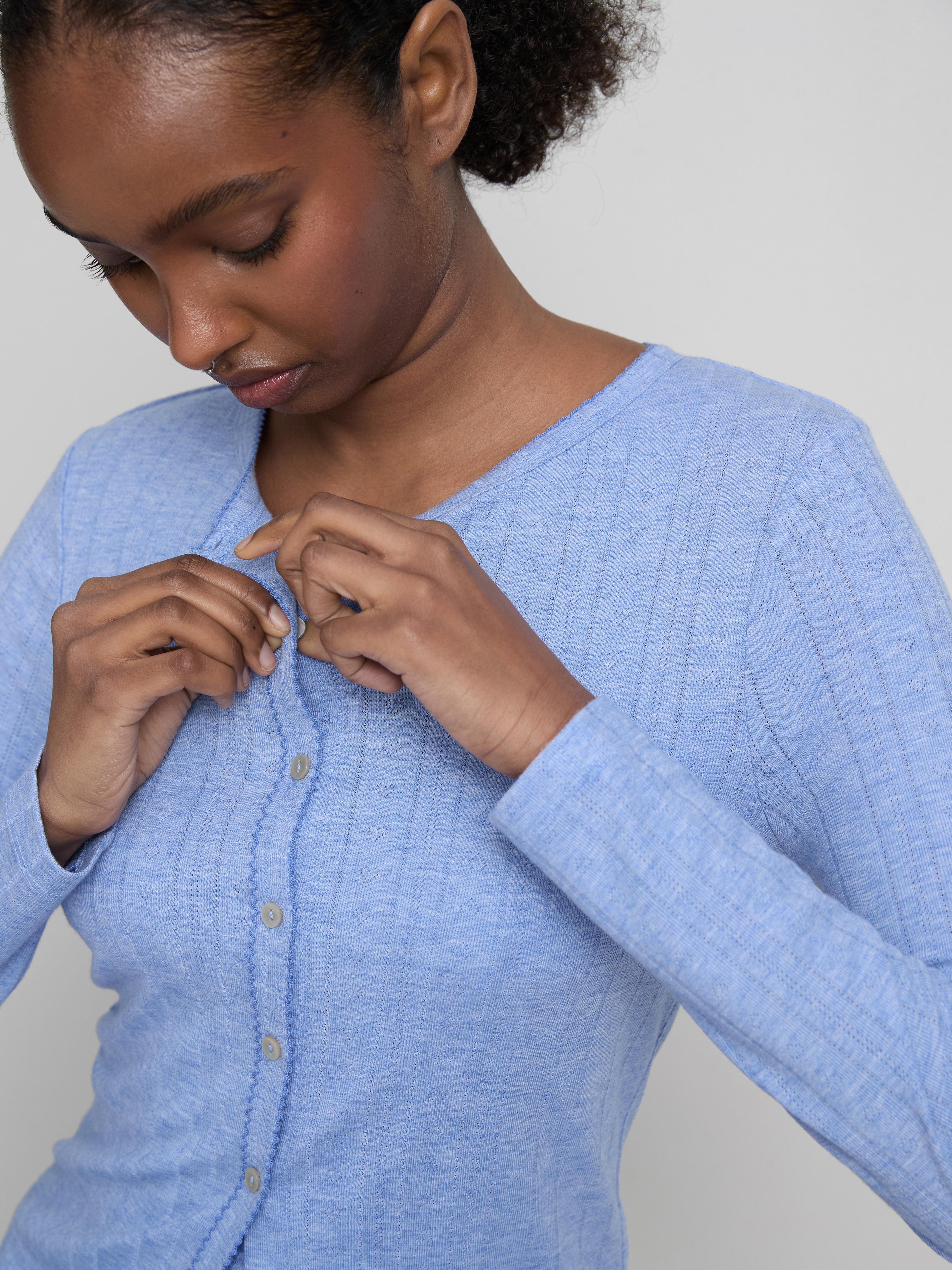 Women's Blue Long Sleeve Pointelle Pyjama Top | Penneys