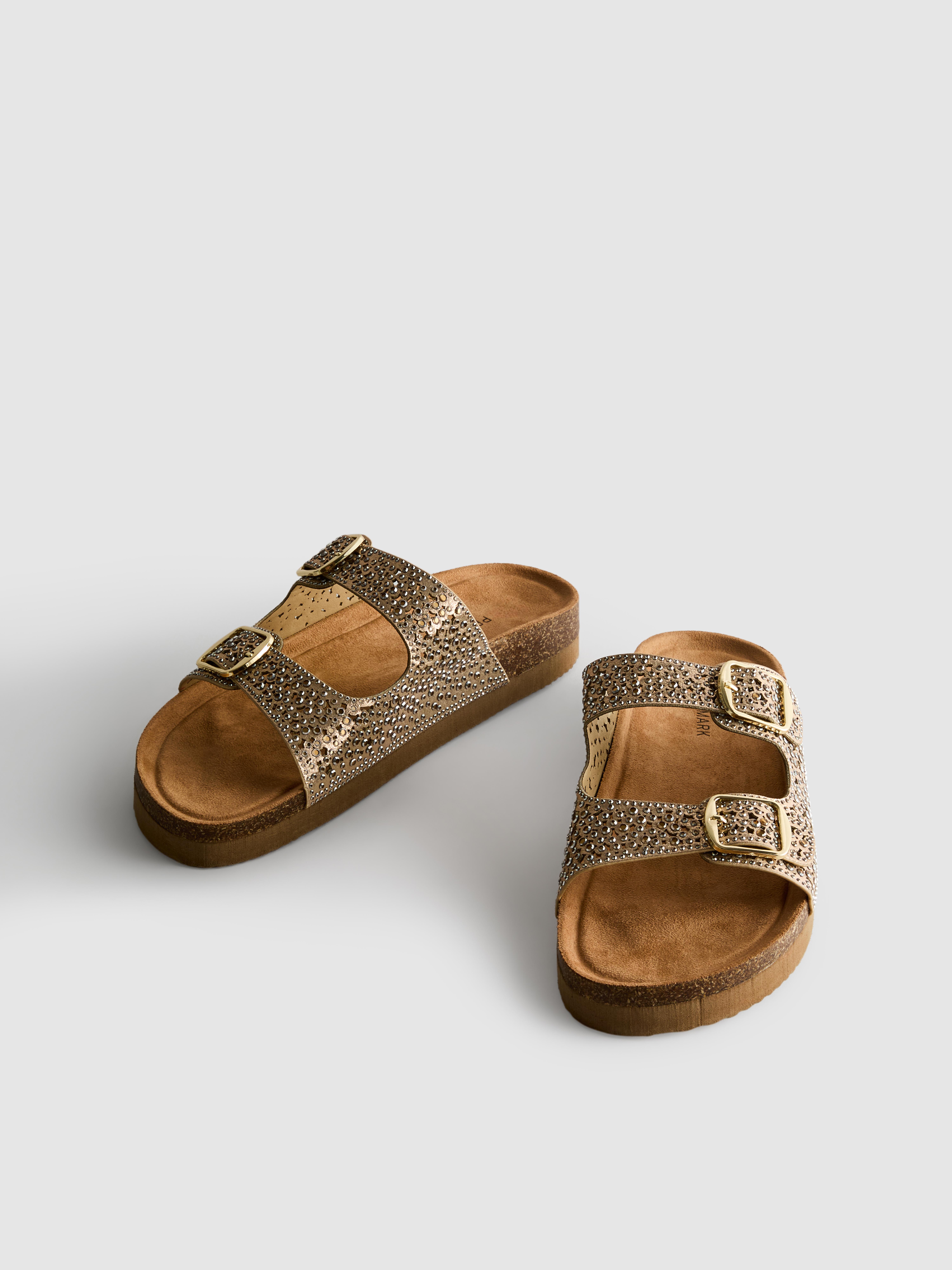 Womens Gold Embellished Double Buckle Footbed Sandals | Primark