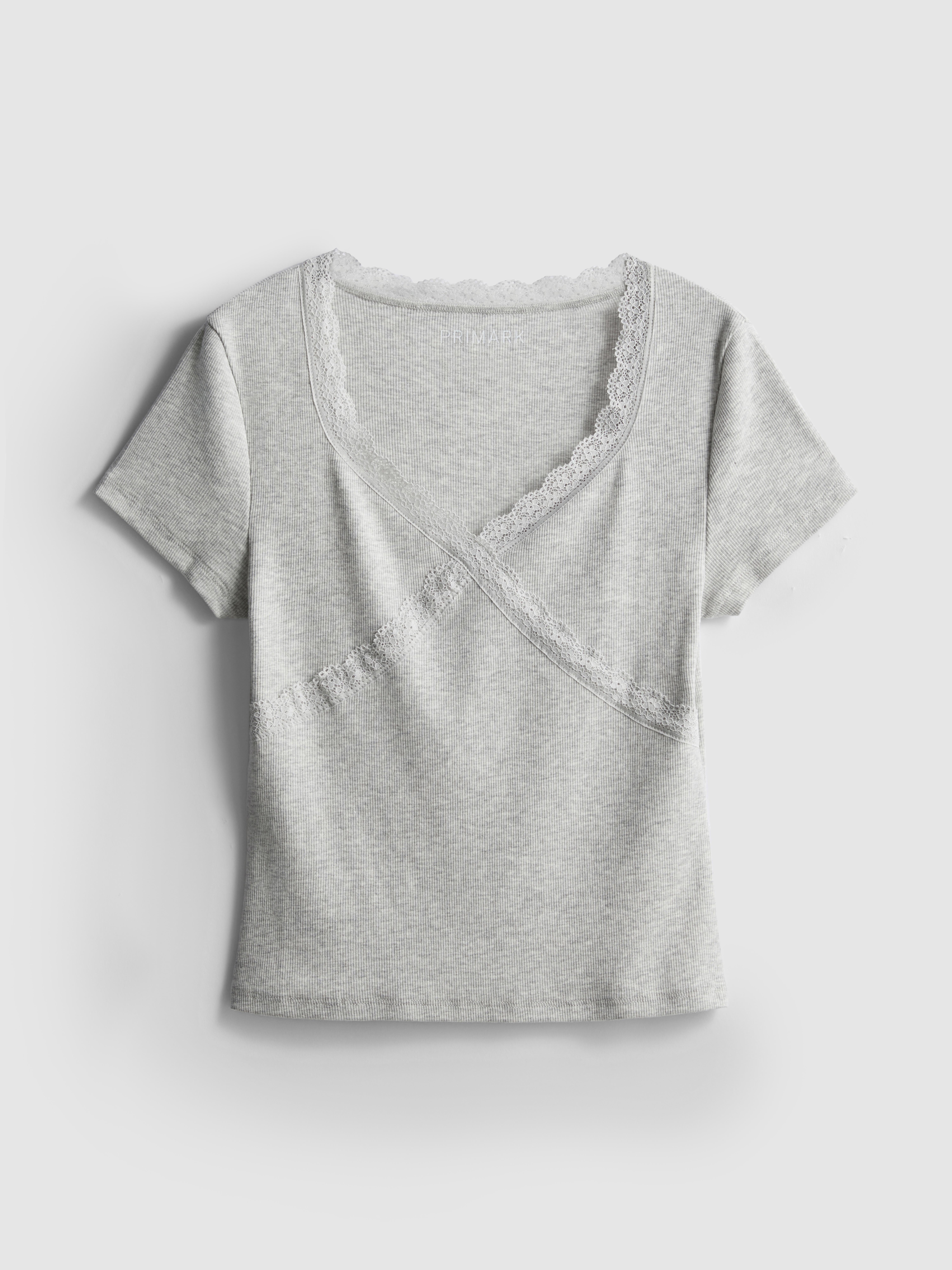Women's Gray Heather Cotton-Rich Lace-Trim Short-Sleeve Tee | Primark