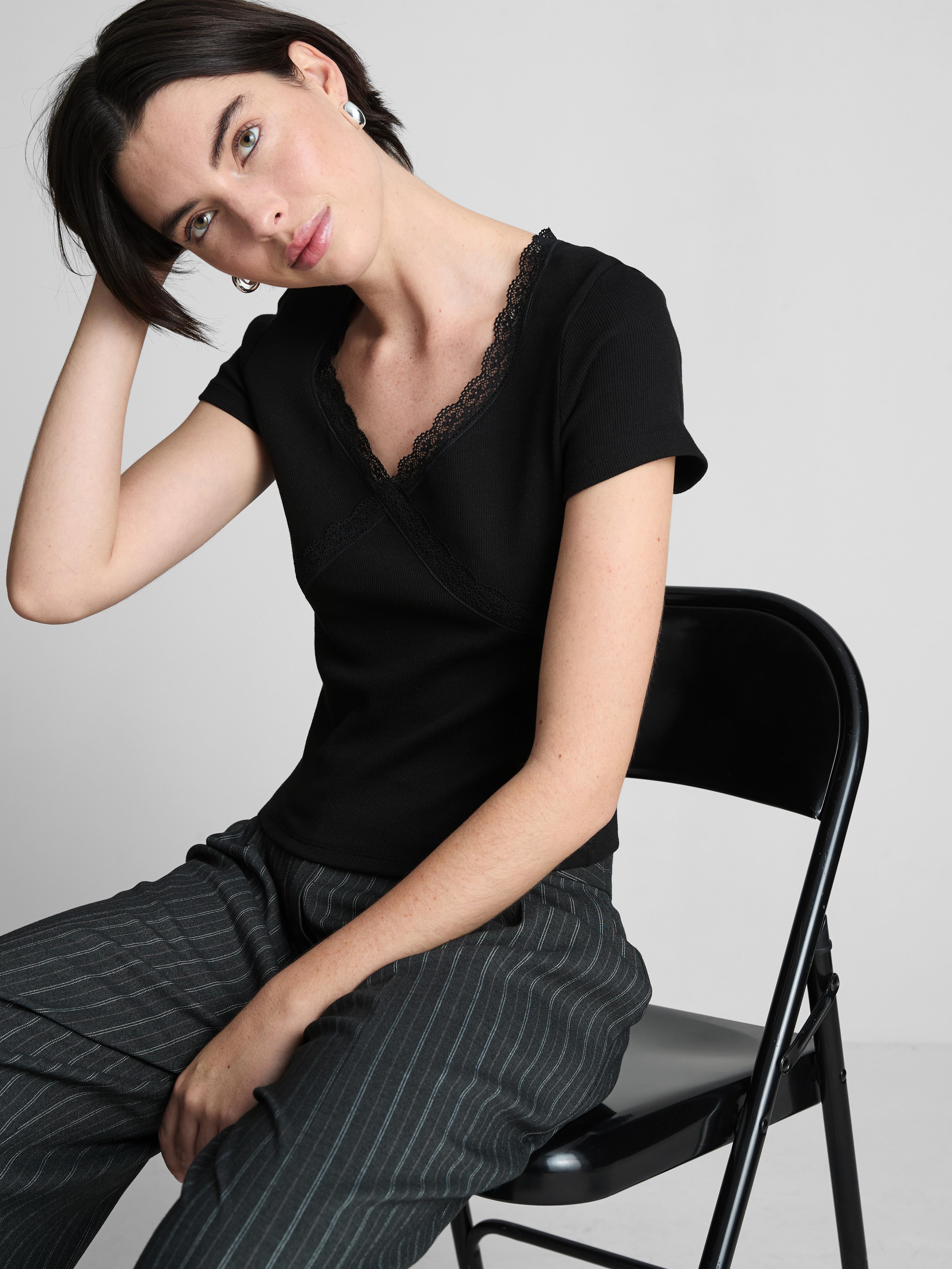 Womens Black Cotton Rich Lace Trim Short Sleeve Tee | Primark