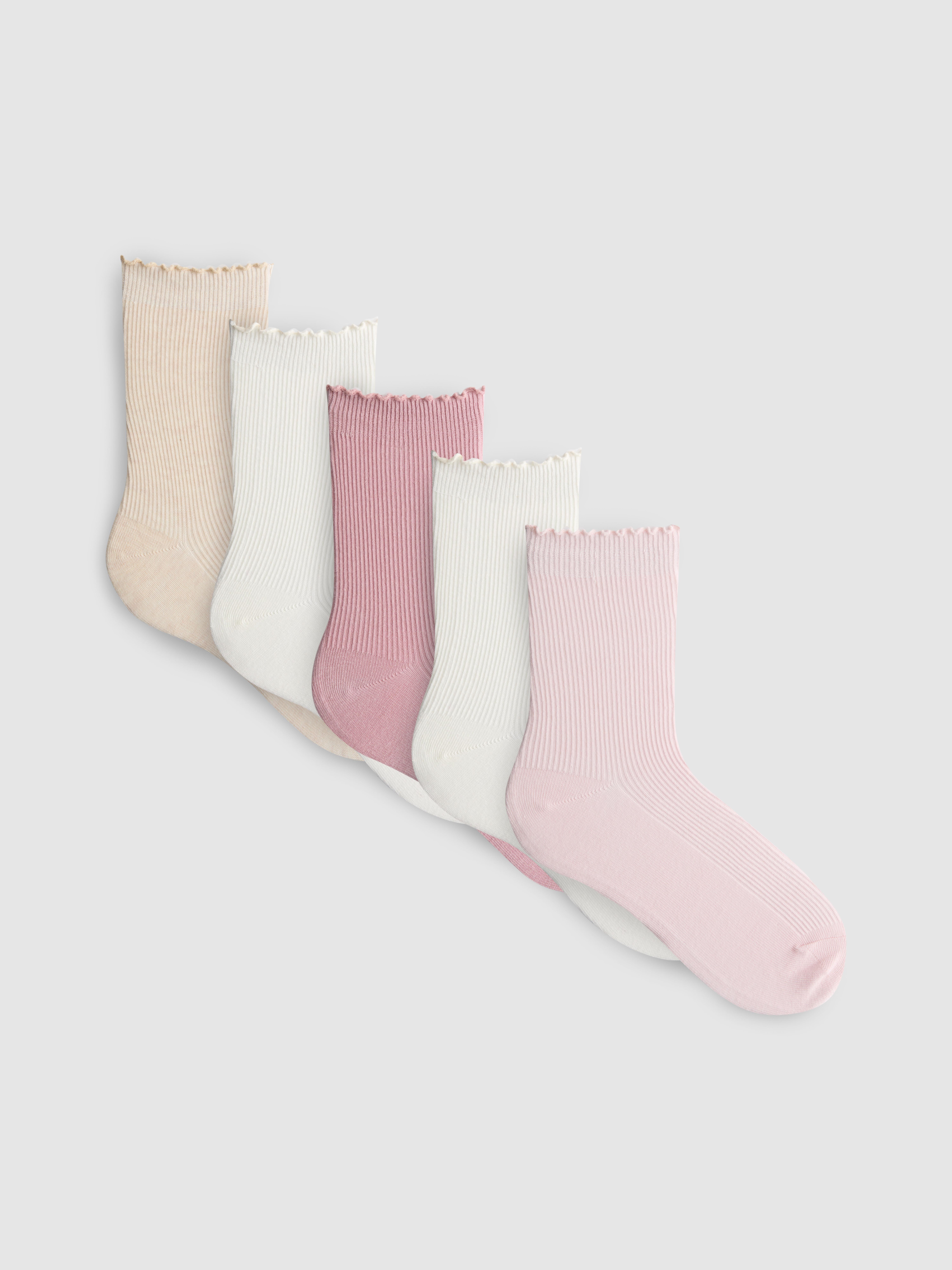 Girls Blush 5pk Ribbed Lettuce Trim Ankle Socks | Penneys