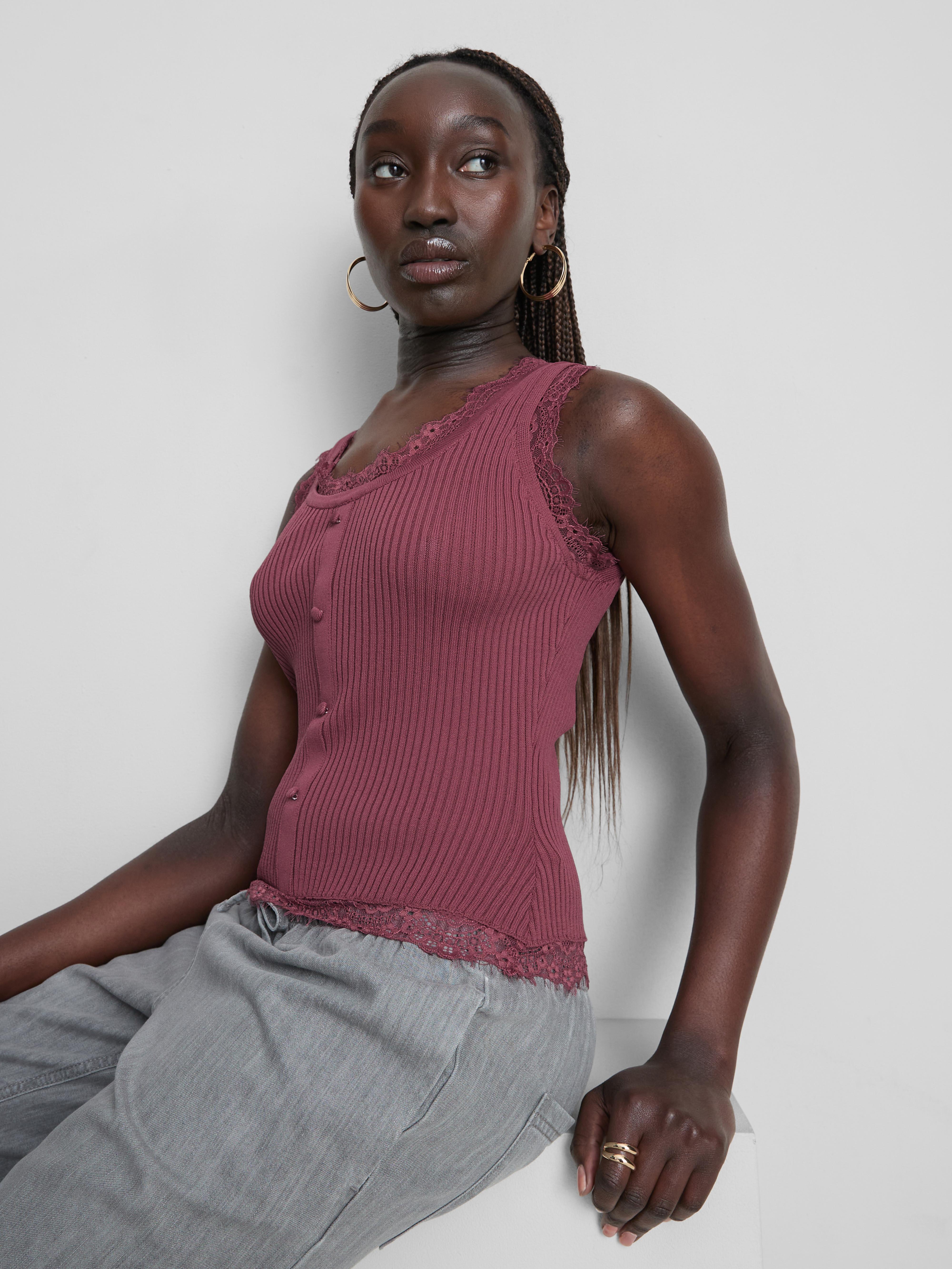 Womens Maroon Lace Trim Ribbed Tank Top | Primark