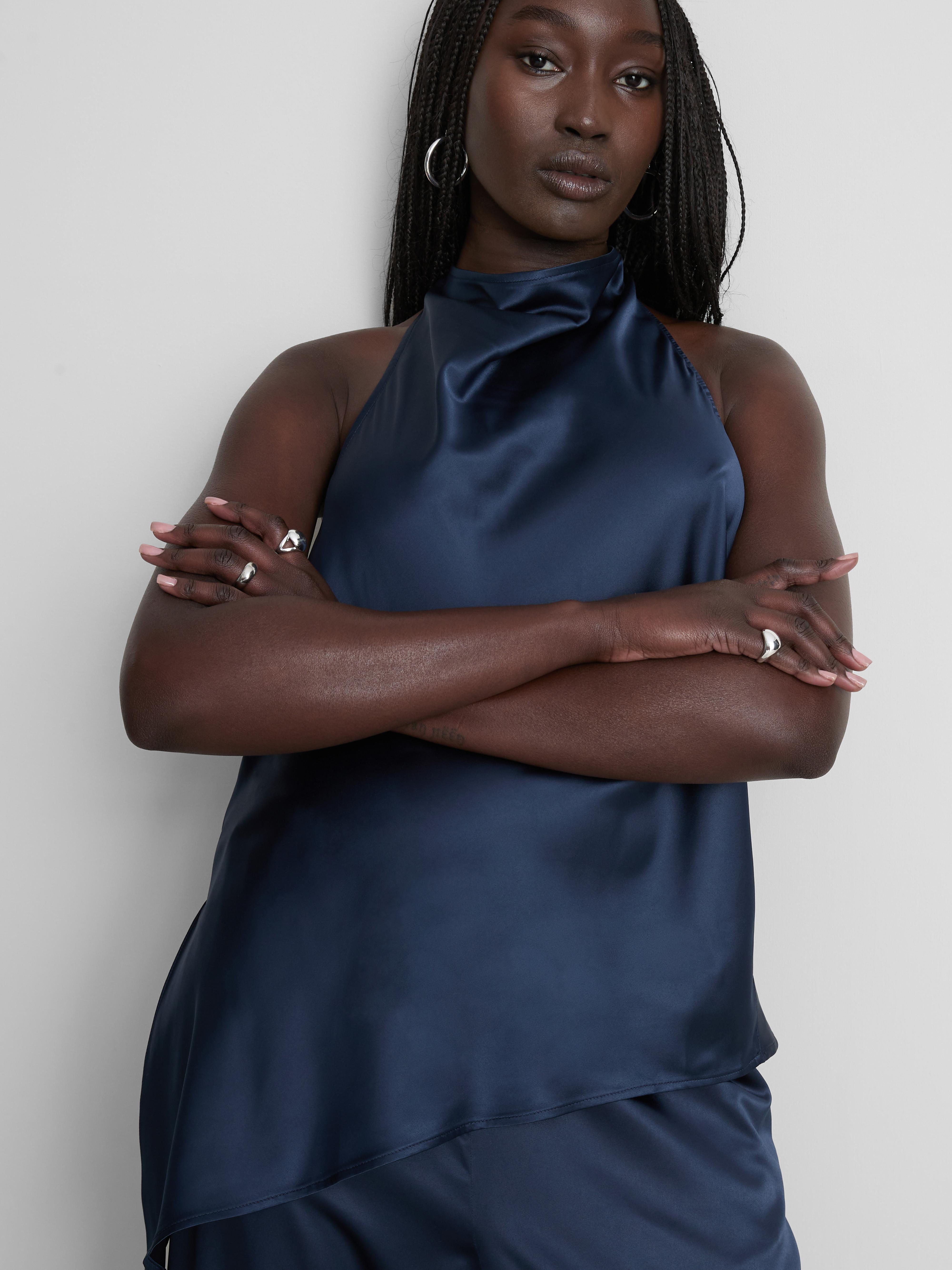 Womens Navy Asymmetric Satin Halterneck Top | Primark