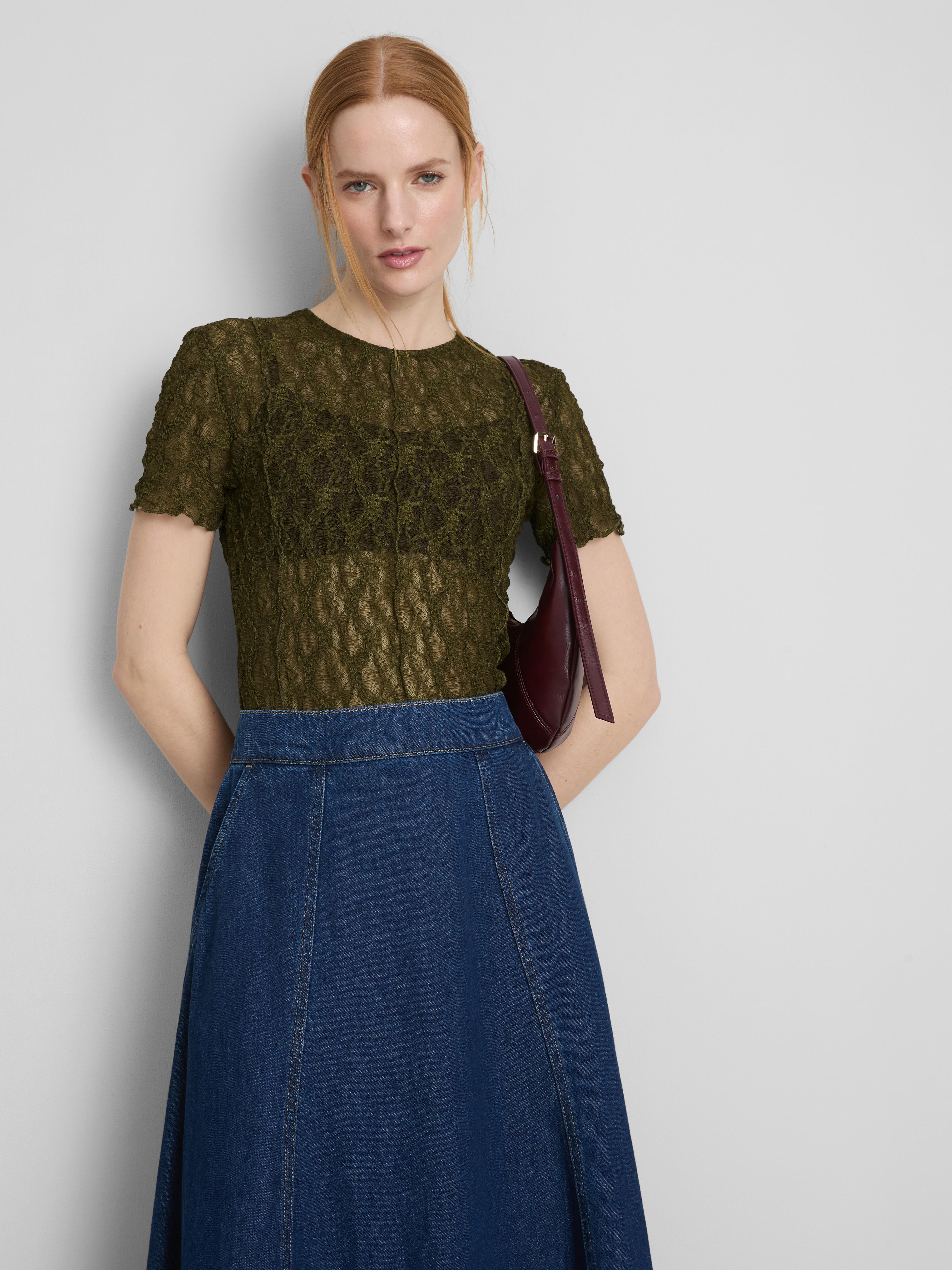 Womens Olive Semi-Sheer Short Sleeve Lace Top | Primark