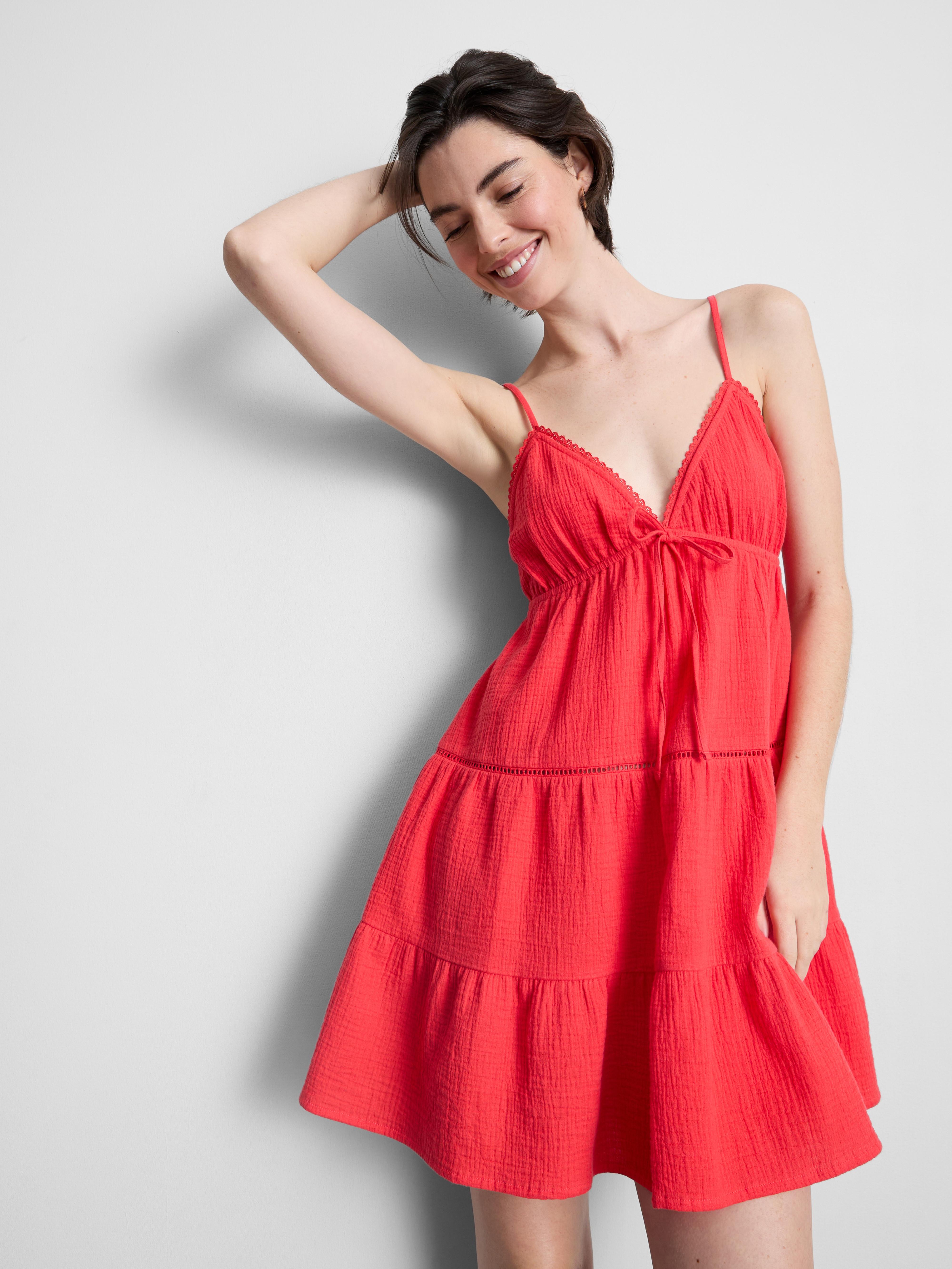 Vestido mini decote V camadas algodão - Vermelho - Mulher | Primark