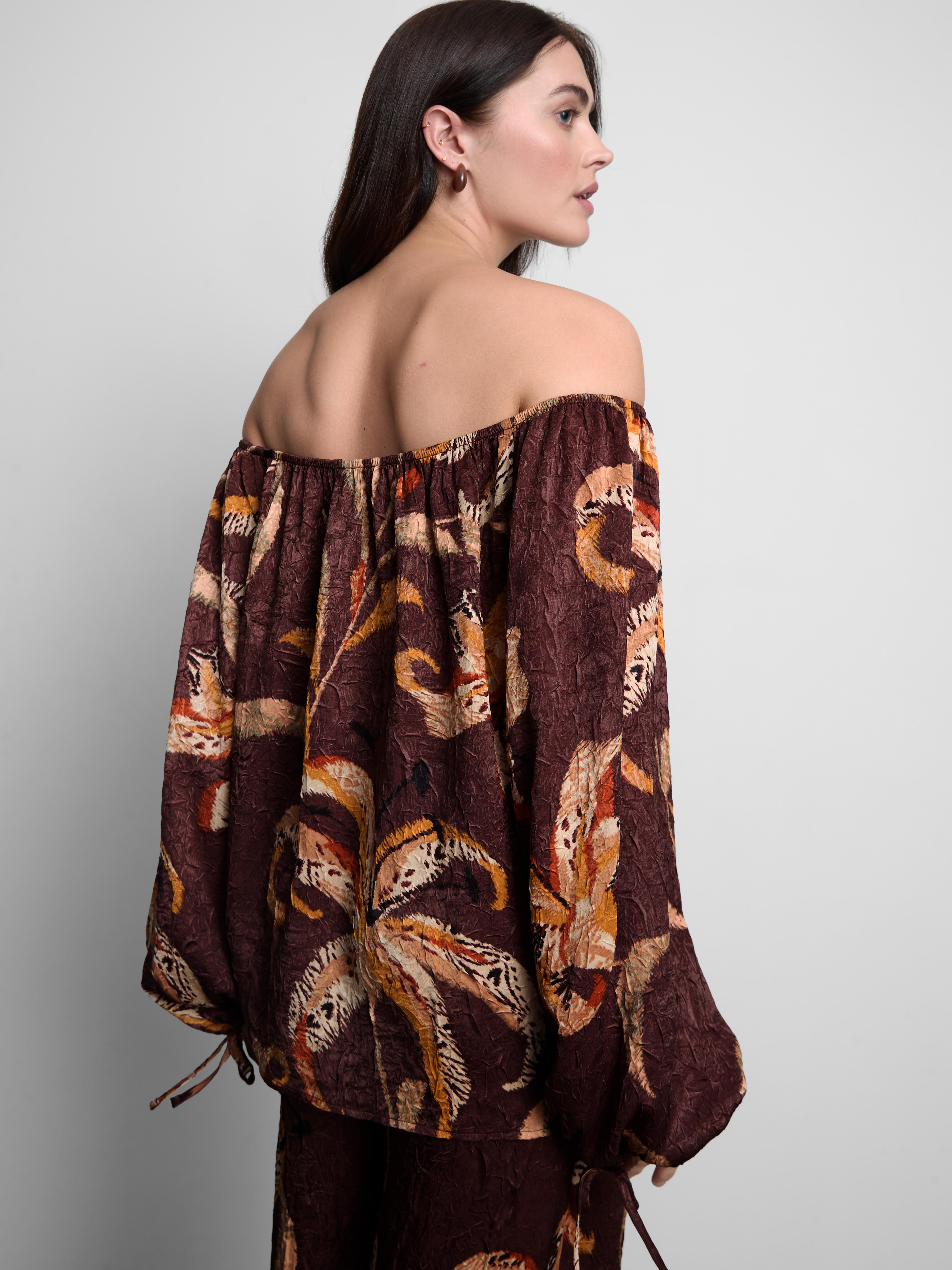 Women's Brown Crushed Satin Floral Bardot Blouse | Primark