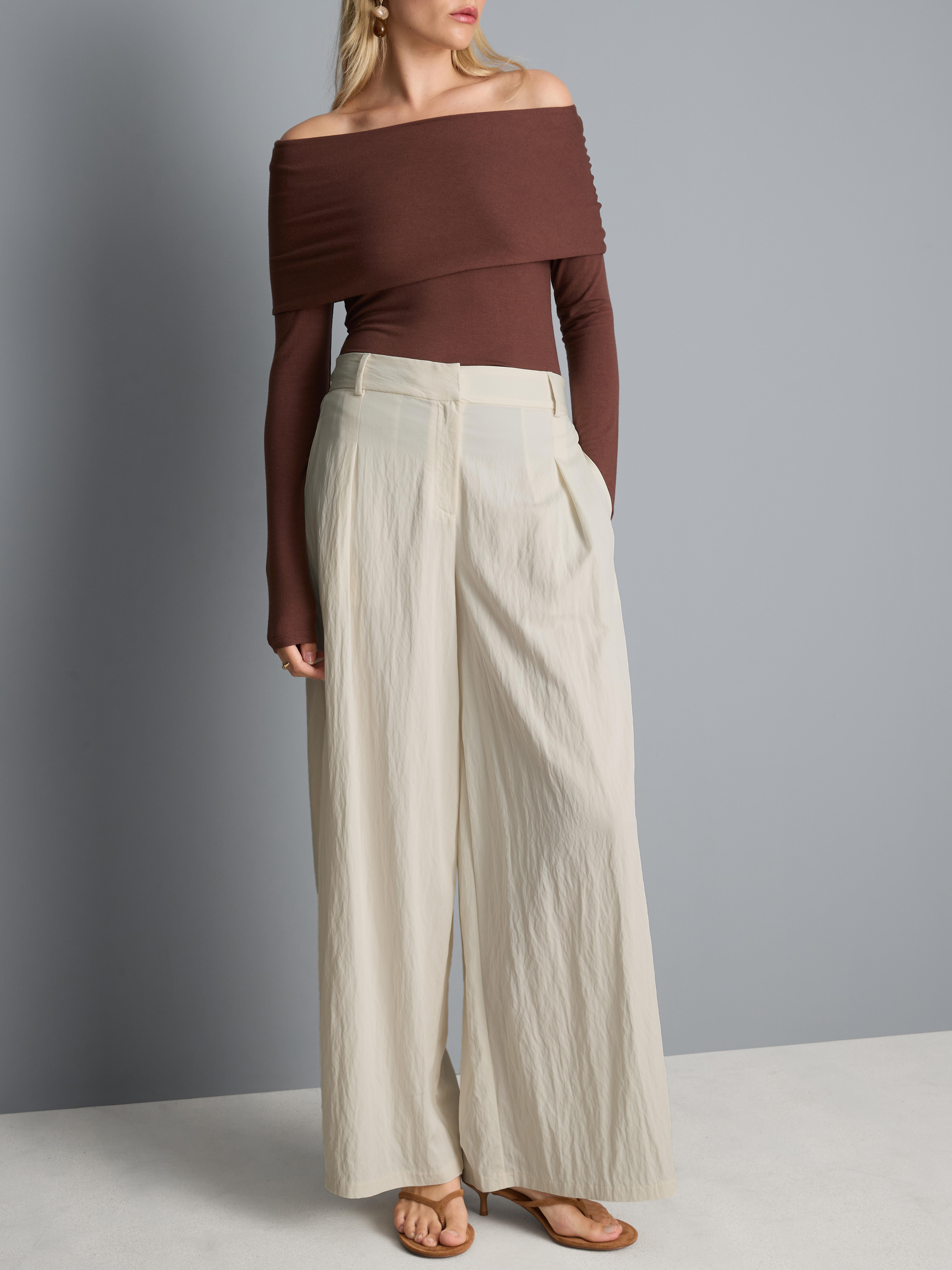 Women's Ivory Crinkle Pleated Wide Leg Pants | Primark
