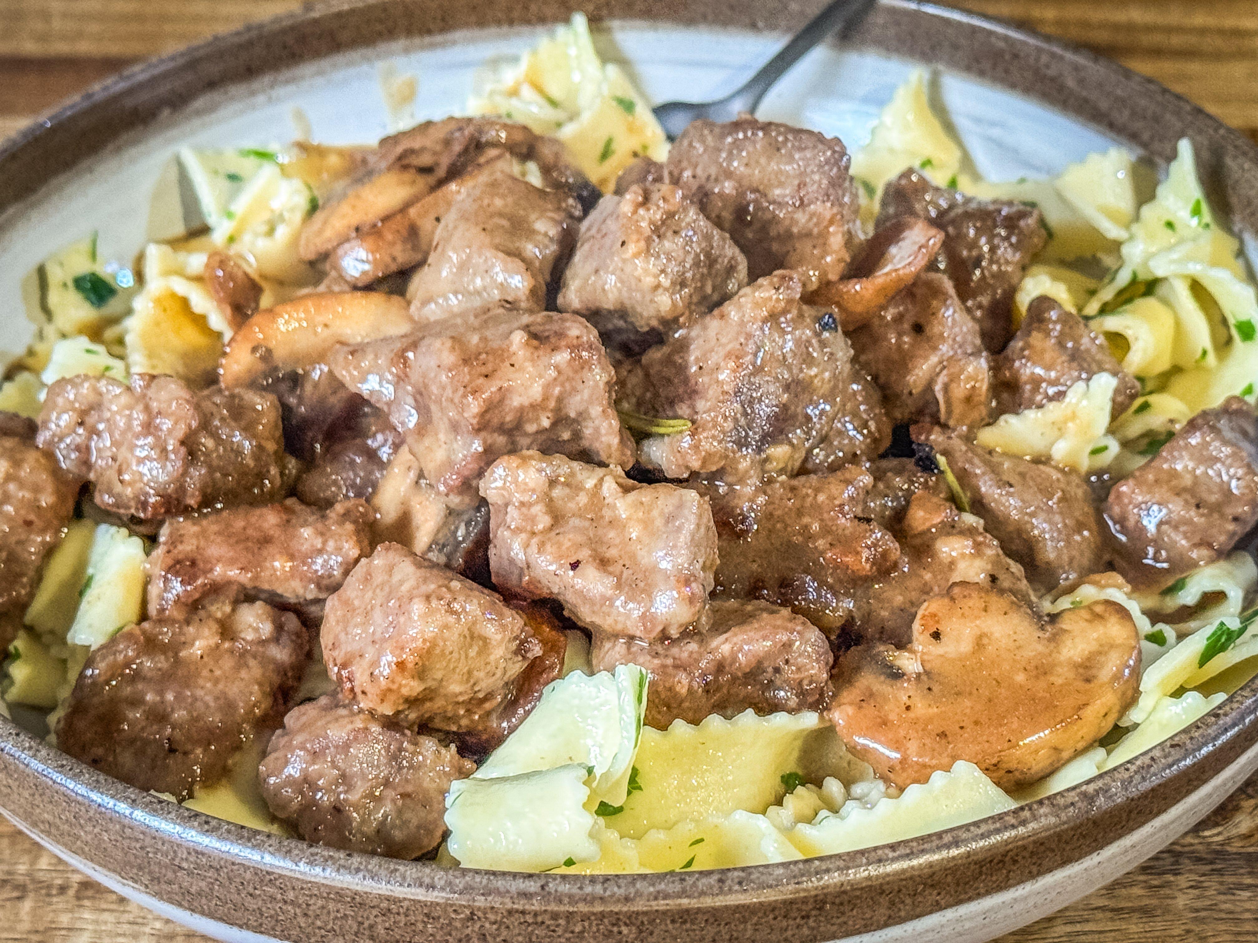 Venison Steak Tips and Noodles with Mushroom Gravy - Realtree Camo