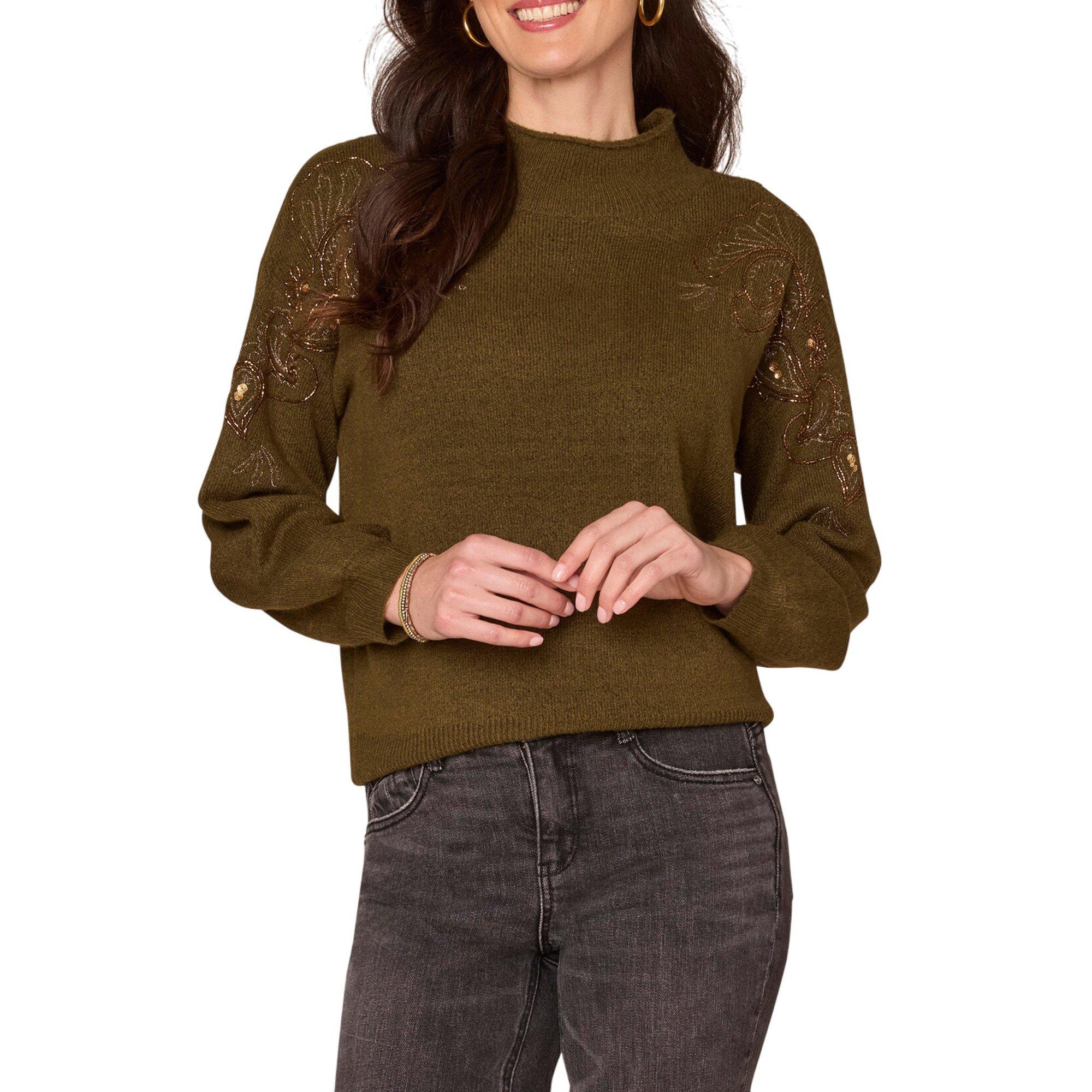 Women's Democracy Rhinestone Embroidered Sleeve Mock Neck Pullover Sweater