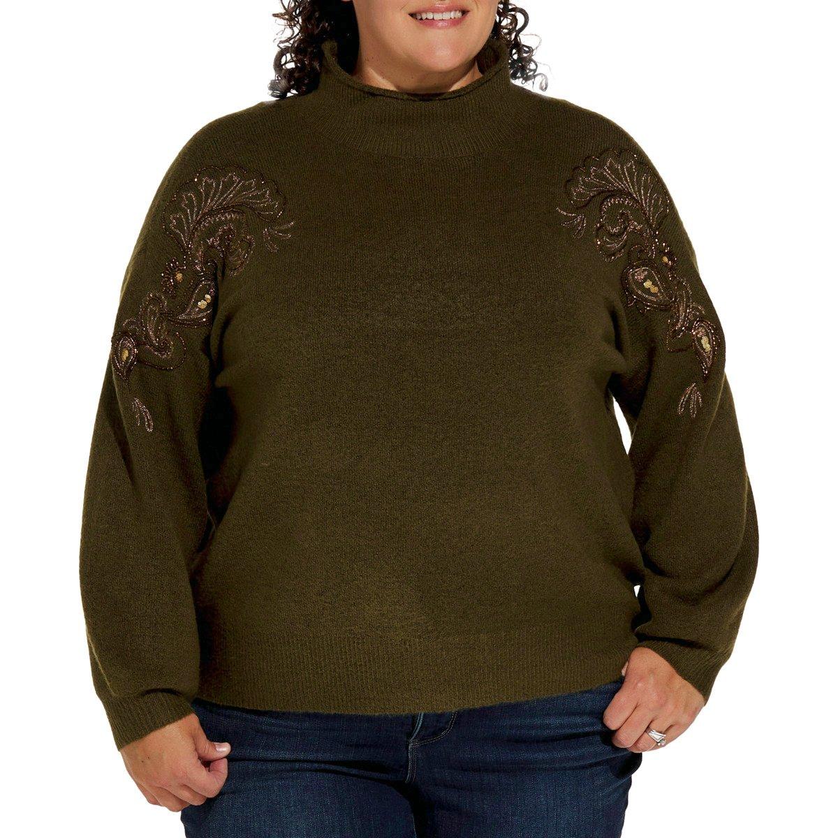 Women's Democracy Plus Size Rhinestone Embroidered Sleeve Mock Neck ...