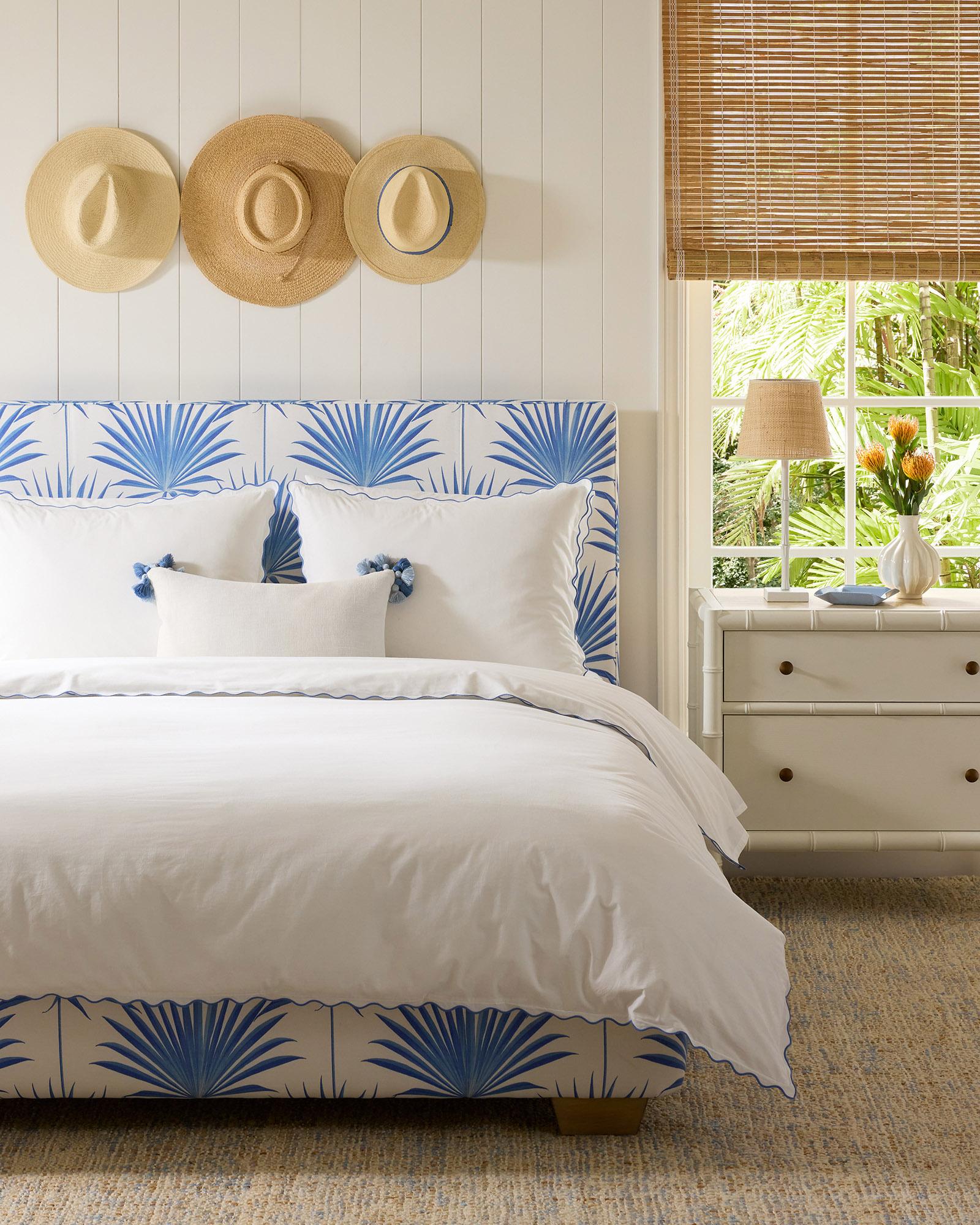 Bedroom-Blue-Palm-Upholstered-Bed-Octavia-Wave-Percale-Bedding-brand ...
