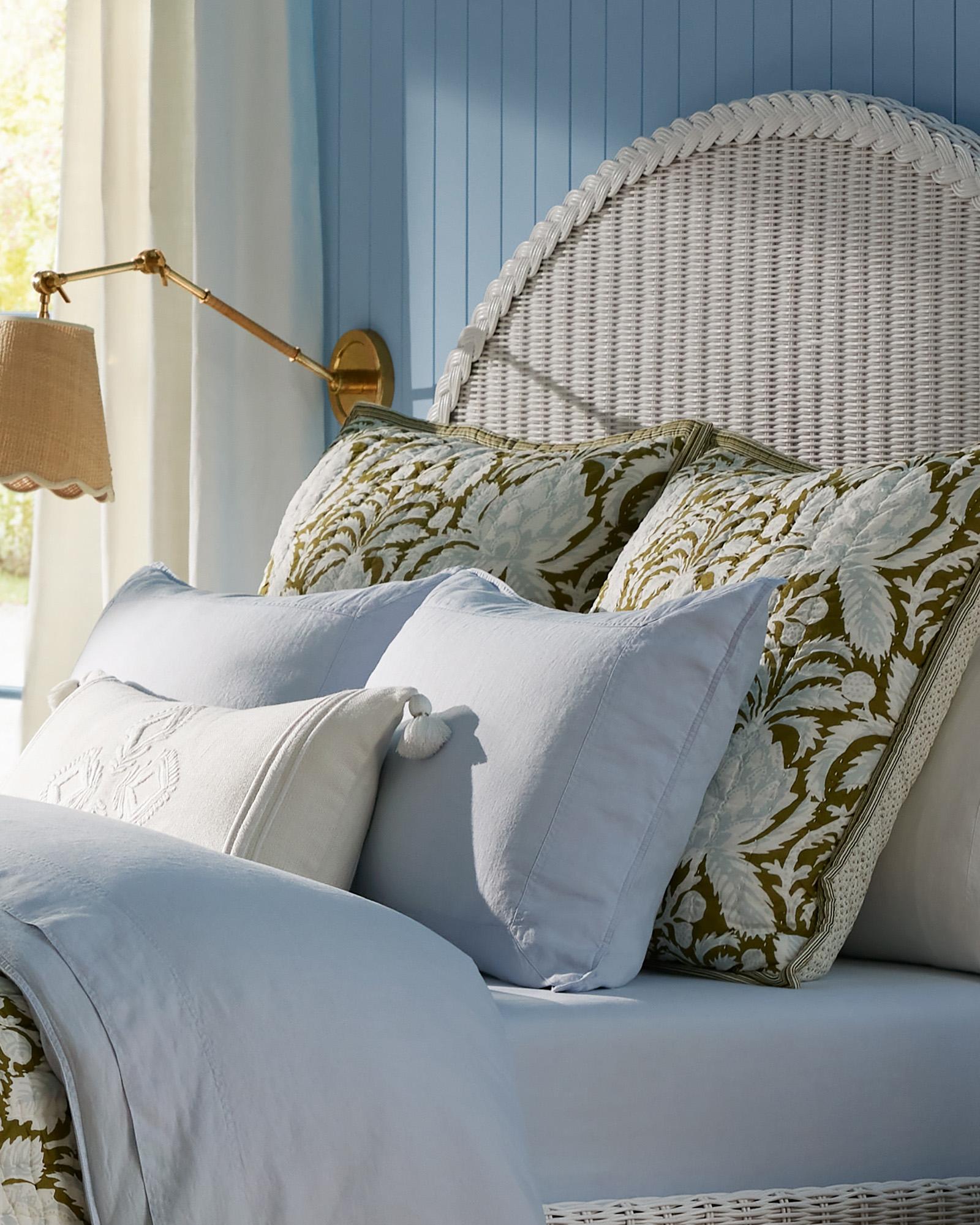 Bedroom-White-Rattan-Wicker-Bungalow-Bed-Blue-Green-Artichoke-Quilt ...