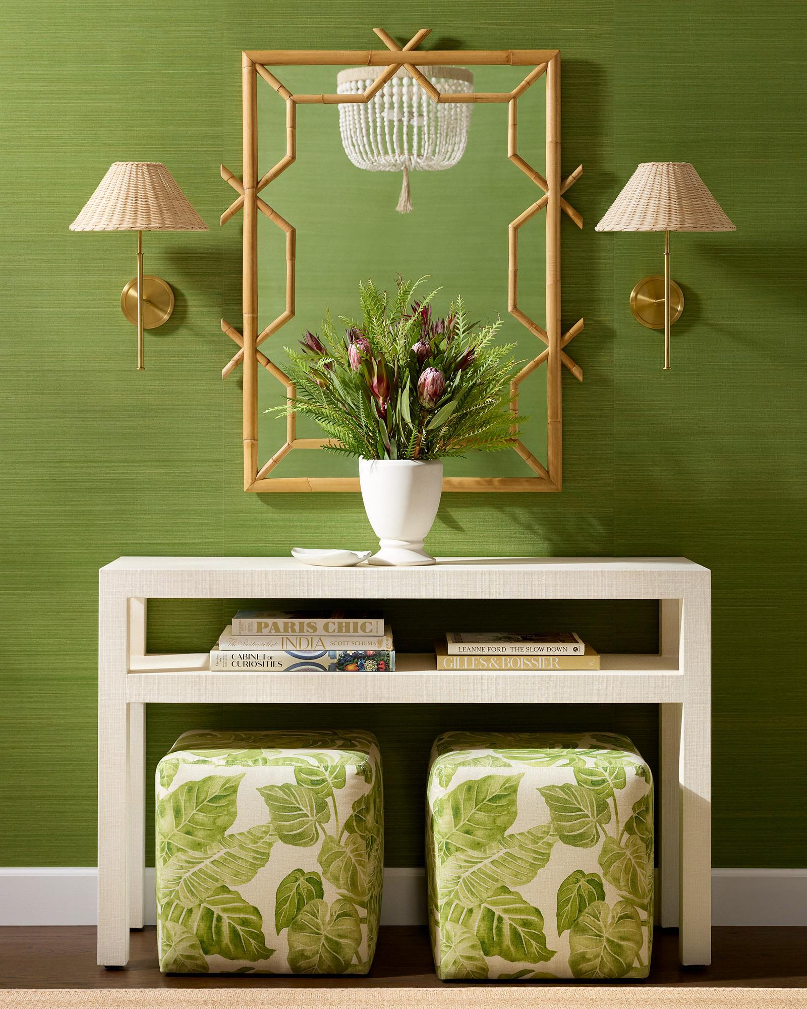 Console-Neutral-Driftway-Green-Grasscloth-Wallpaper-Lanai-Rattan-Mirror ...