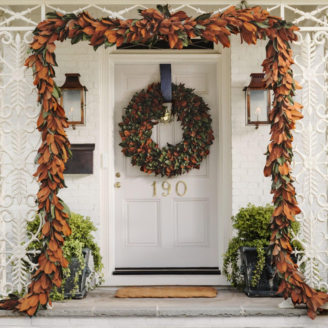 Holiday Wreath and Garland Front Door