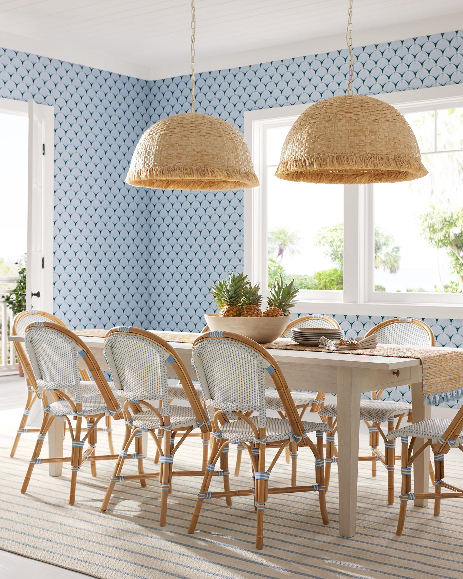 Dining-Room-Blue-White-Rattan-Riviera-Chairs-Seashell-Wallpaper-brand ...