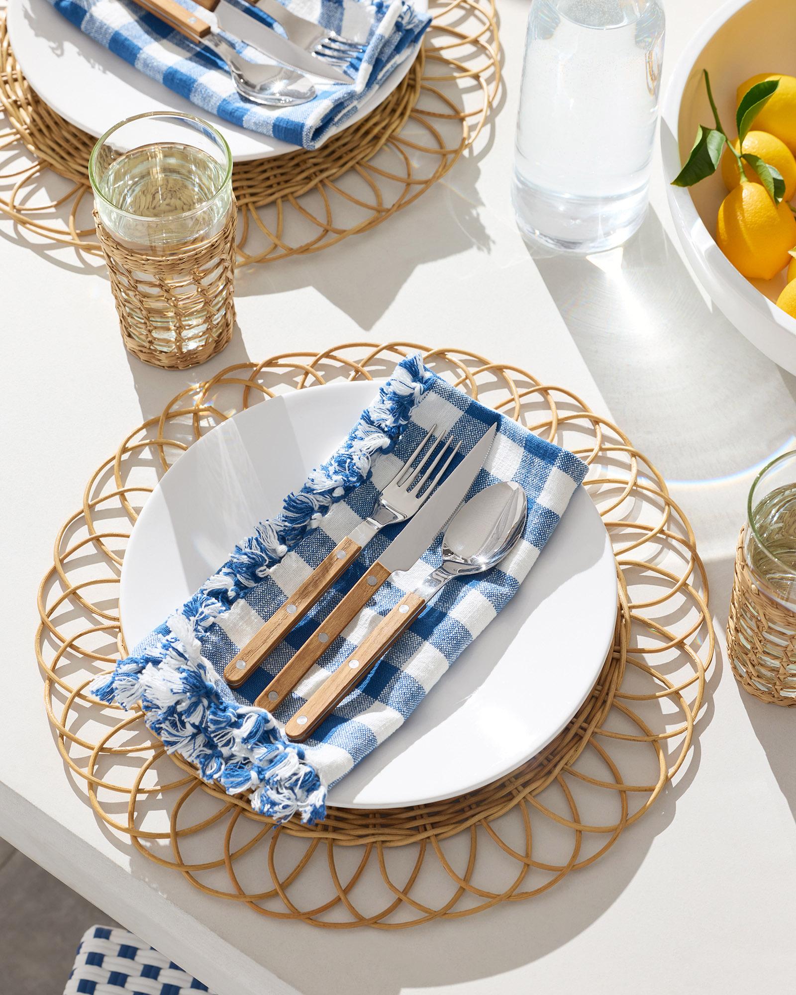 Dining-Tabletop-Natural-Rattan-Round-Placemats-Blue-Gingham-Napkins ...