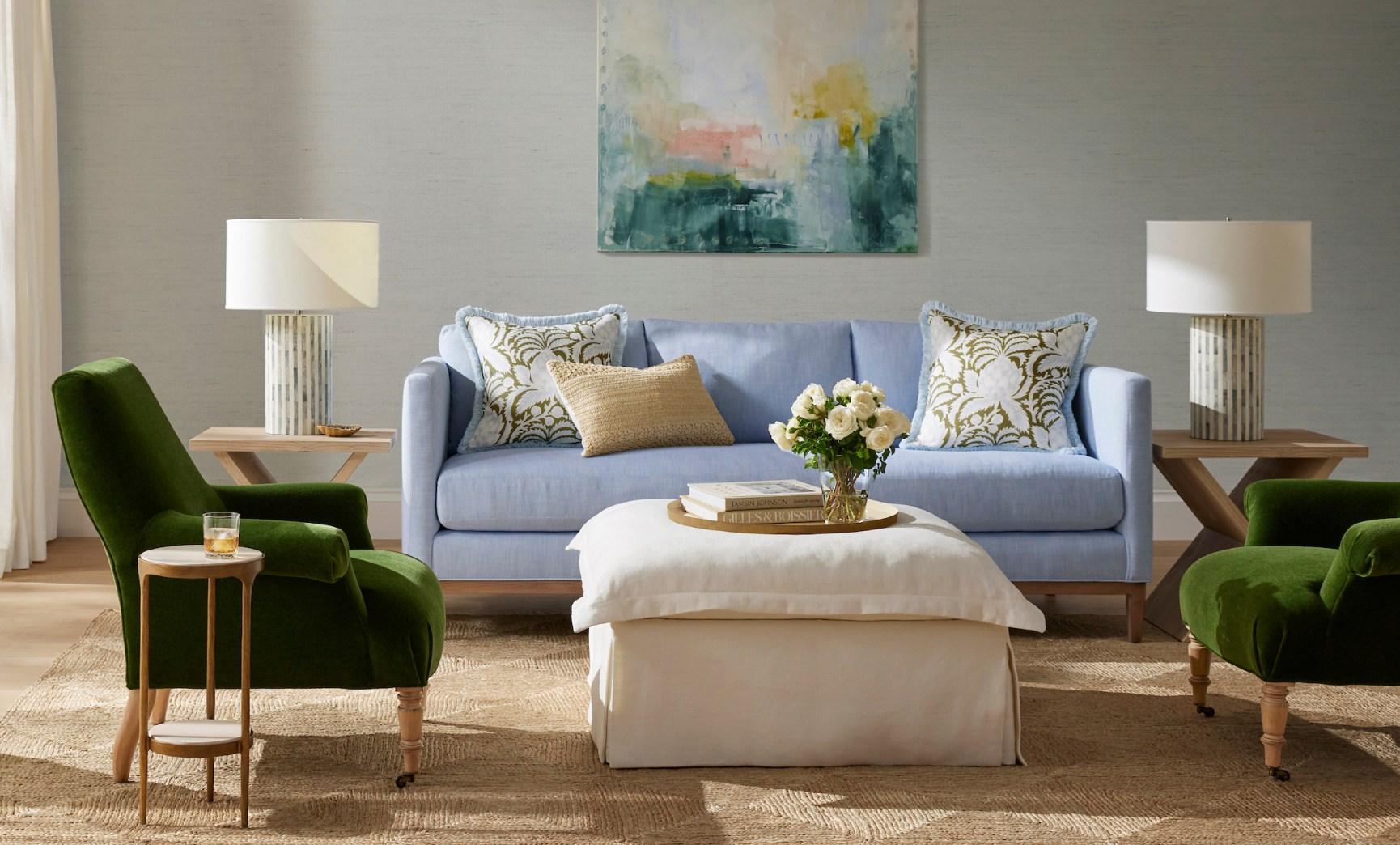 Coastal Blue Sofa and Velvet Green Upholstery Chairs