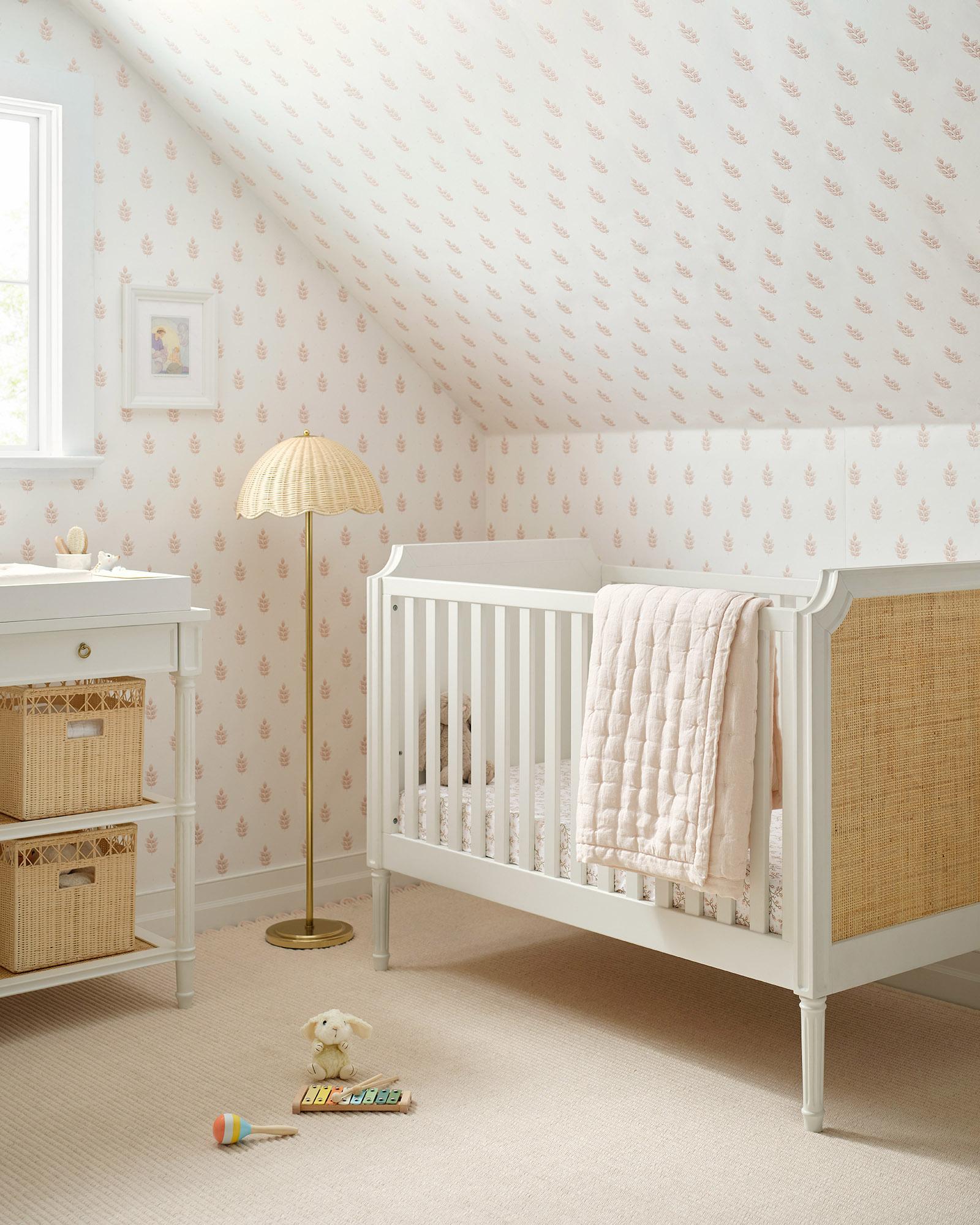 Kids-Nursery-Room-Natural-Crib-Wren-Pink-Blossom-Jardin-Wallpaper-brand ...