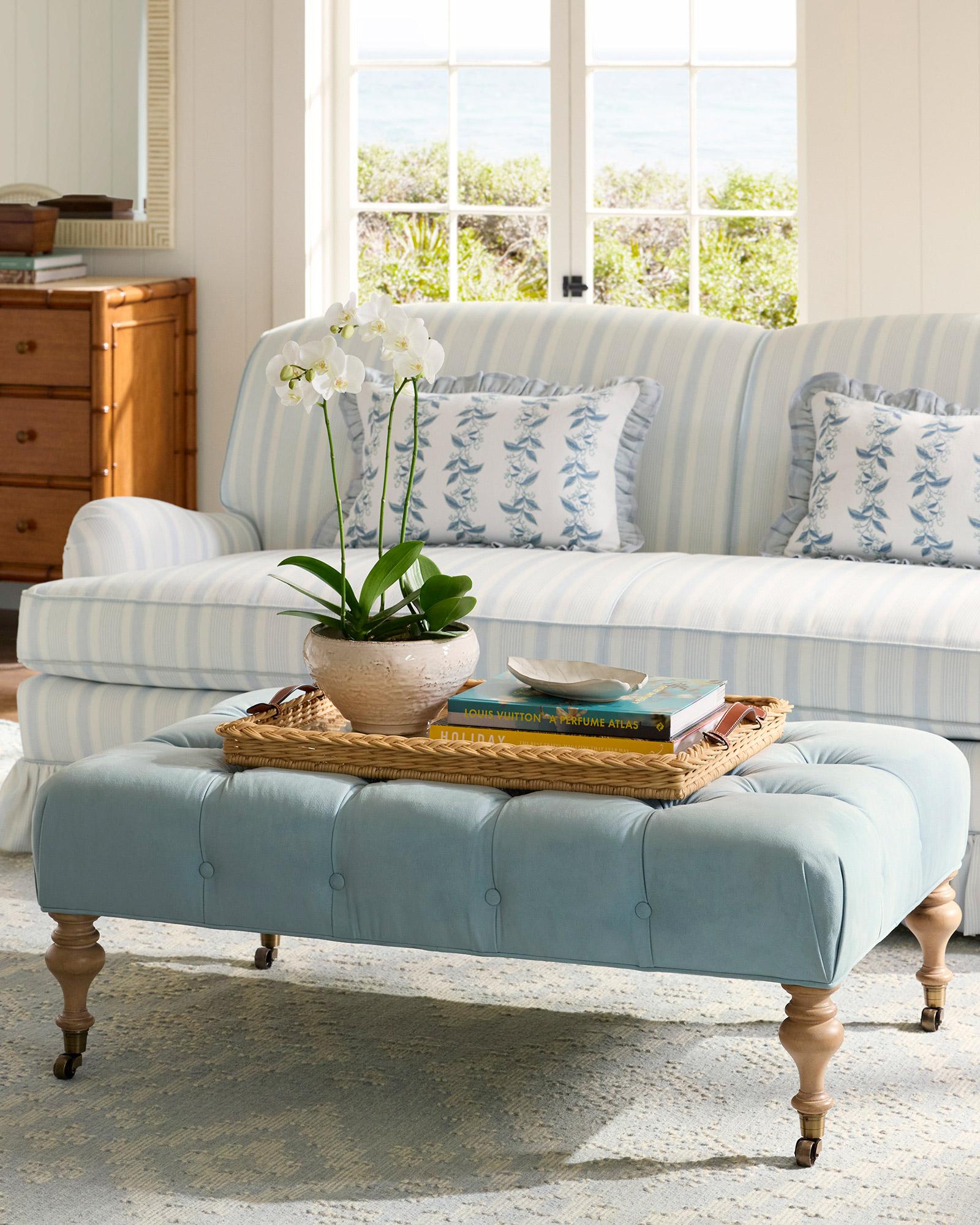 Living-Room-Coastal-Blue-Suede-Ottoman-Essex-Striped-Ruffled-Skirt ...