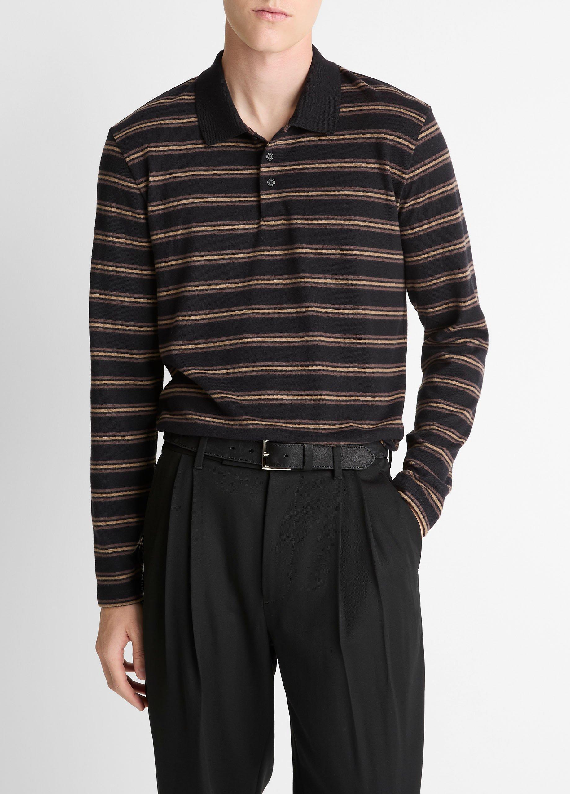 Striped Cotton-Blend Long-Sleeve Polo Shirt in Henleys & Polos | Vince