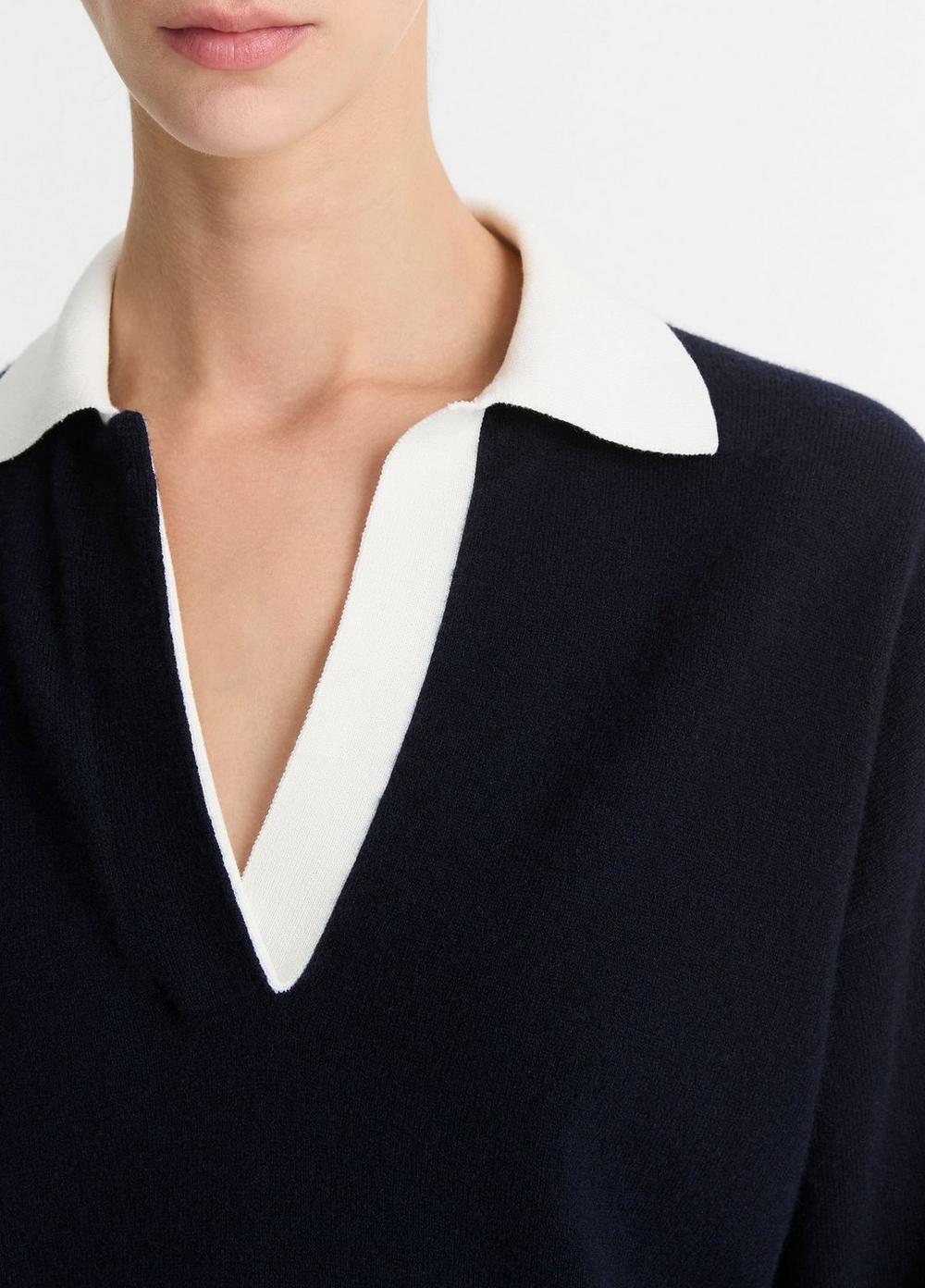 Wool & Cashmere-Blend Contrast-Collar Polo Sweater in V-Neck Wool & Cashmere-Blend Contrast-Collar Polo Sweater in V-Neck