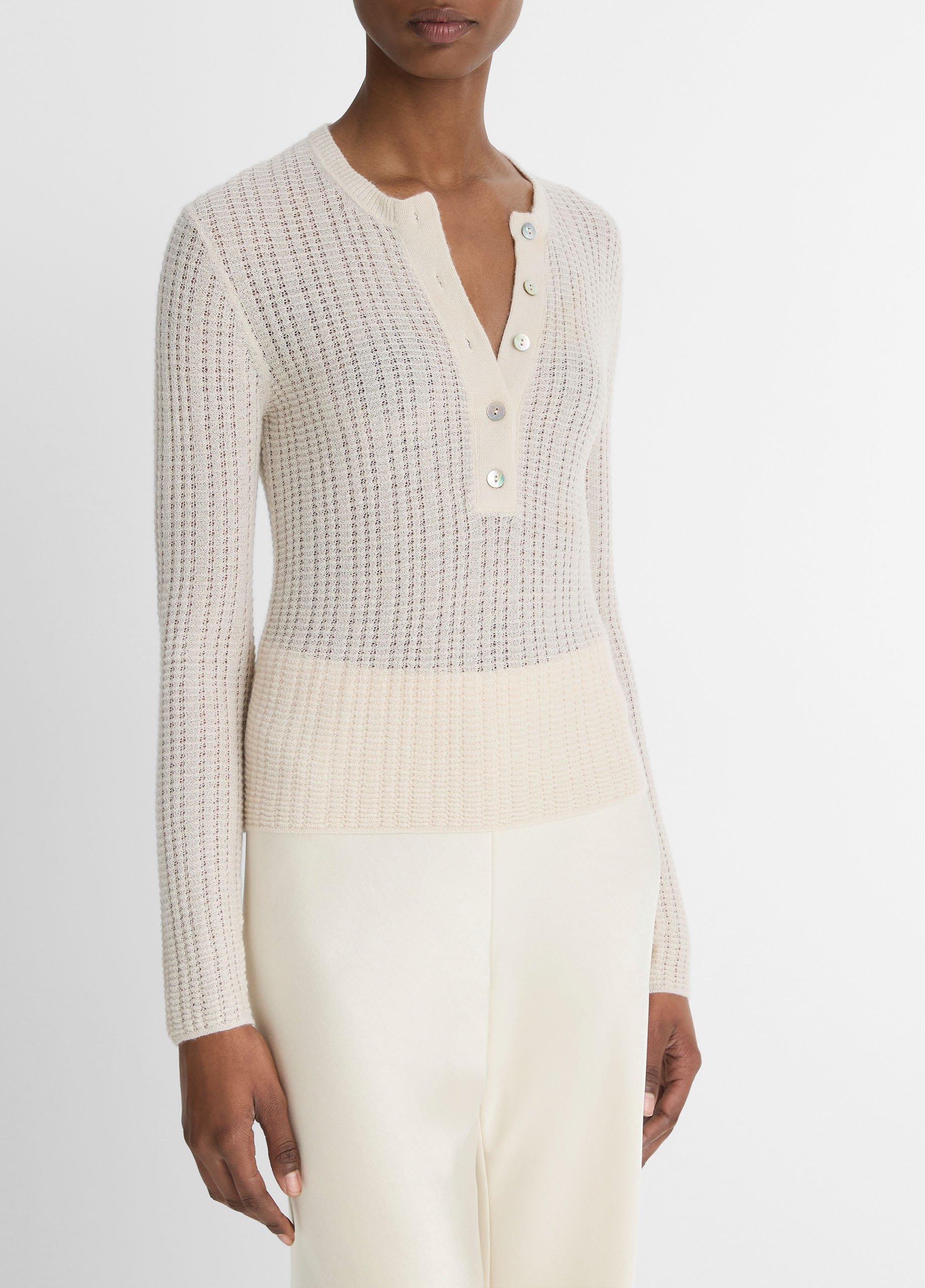 Waffle-Knit Cashmere-Silk Henley Sweater in Sweaters | Vince