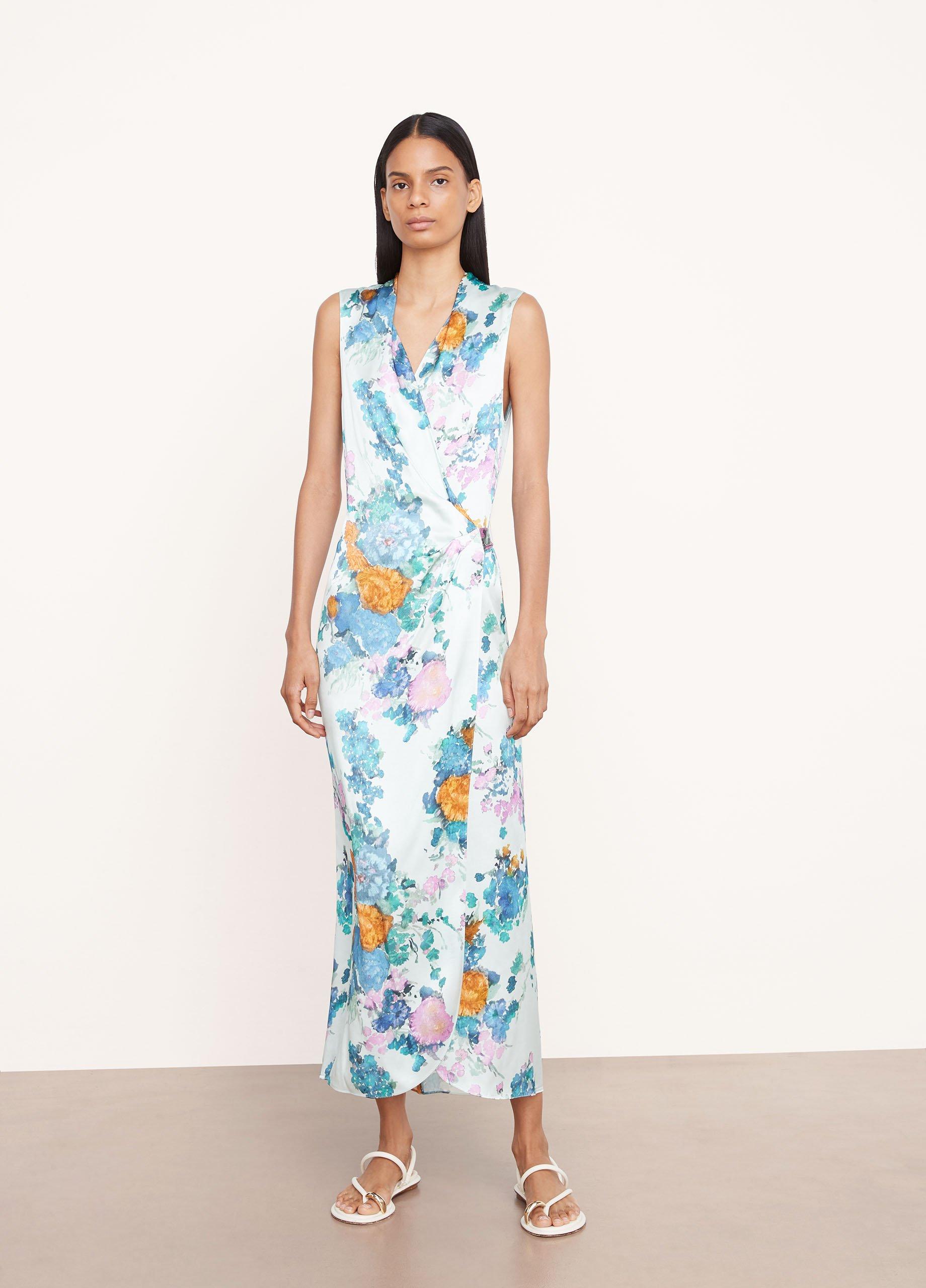 Painted Bouquet Sleeveless Draped Pleat Wrap Dress in Dresses & Skirts ...