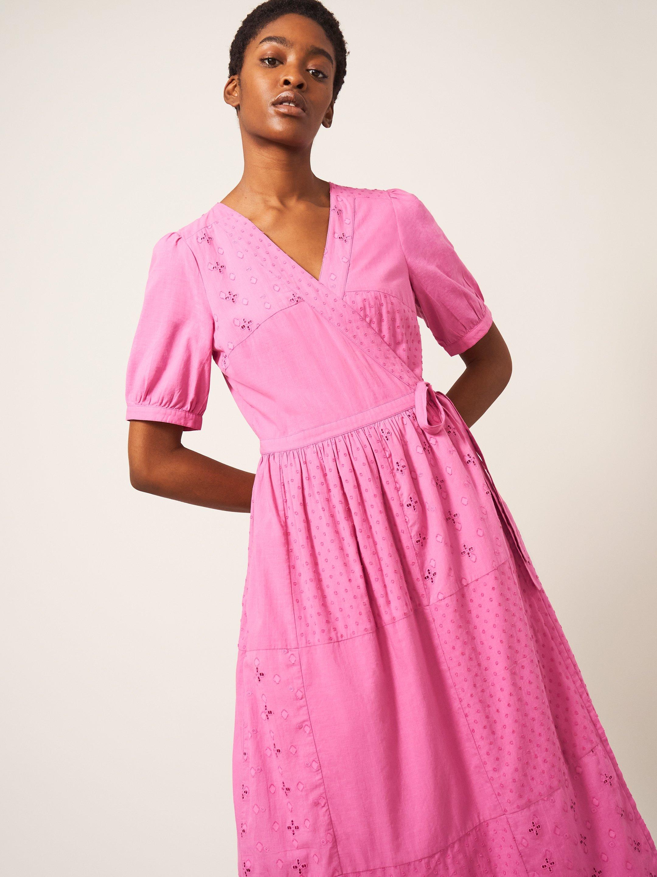 Patchwork Broderie Midi Dress in BRIGHT PINK | White Stuff
