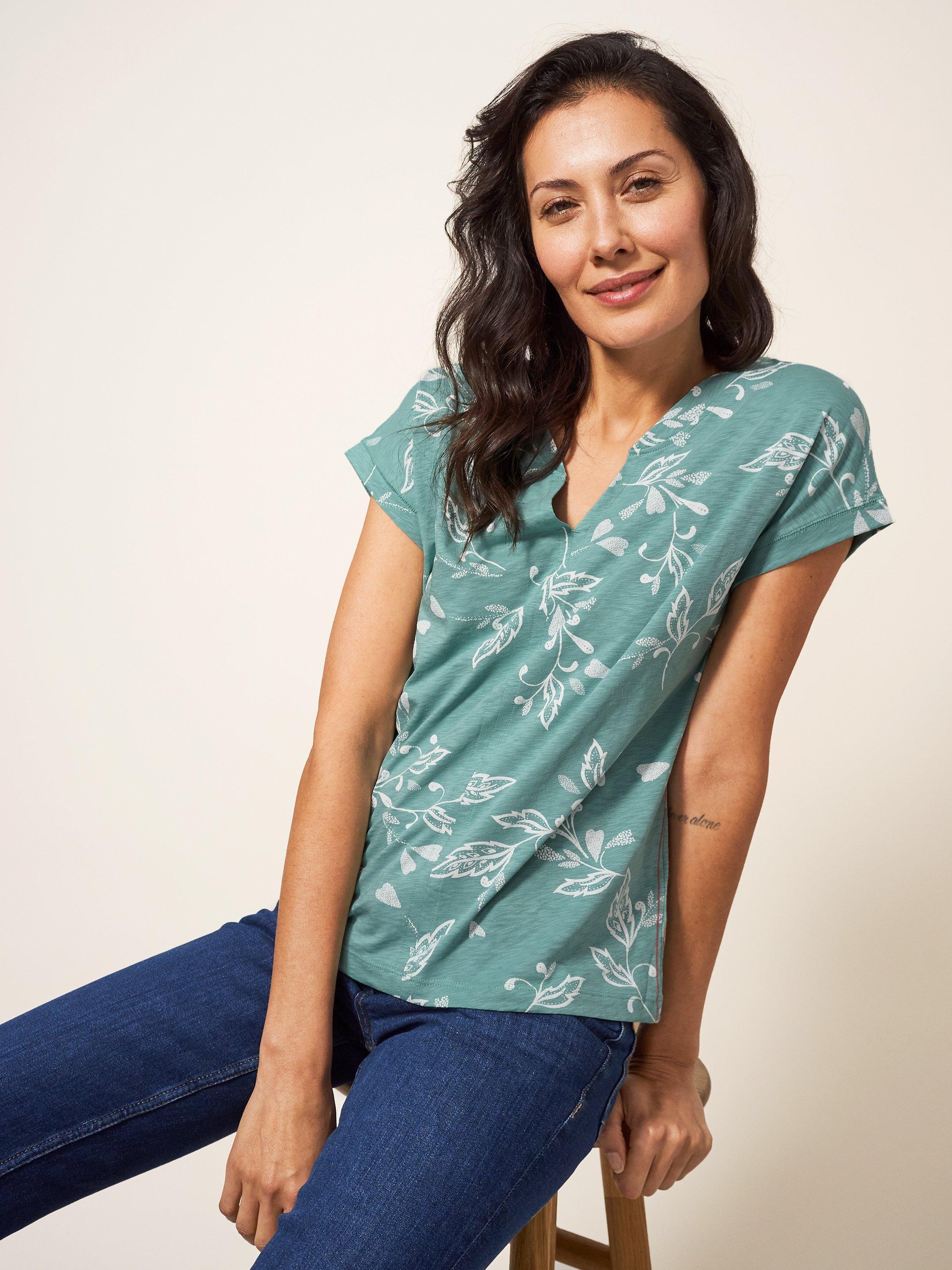 Nelly Notch Neck Tee in TEAL PRINT | White Stuff