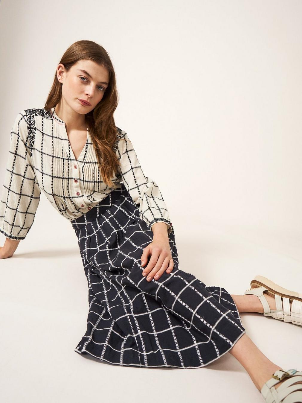 Anya Check Midi Skirt in BLACK MULTI | White Stuff