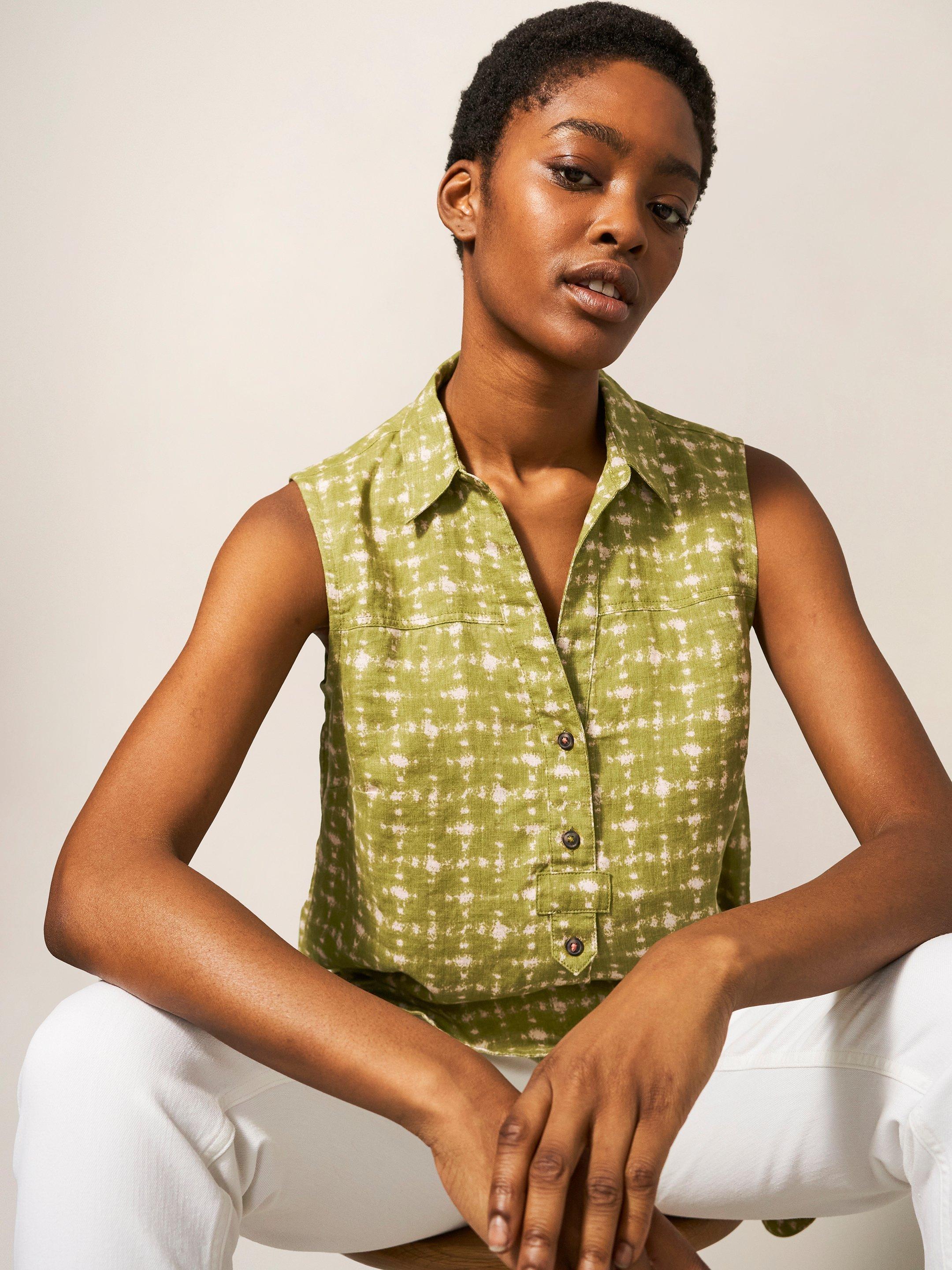 Elsie Sleeveless Linen Tunic in GREEN MULTI | White Stuff