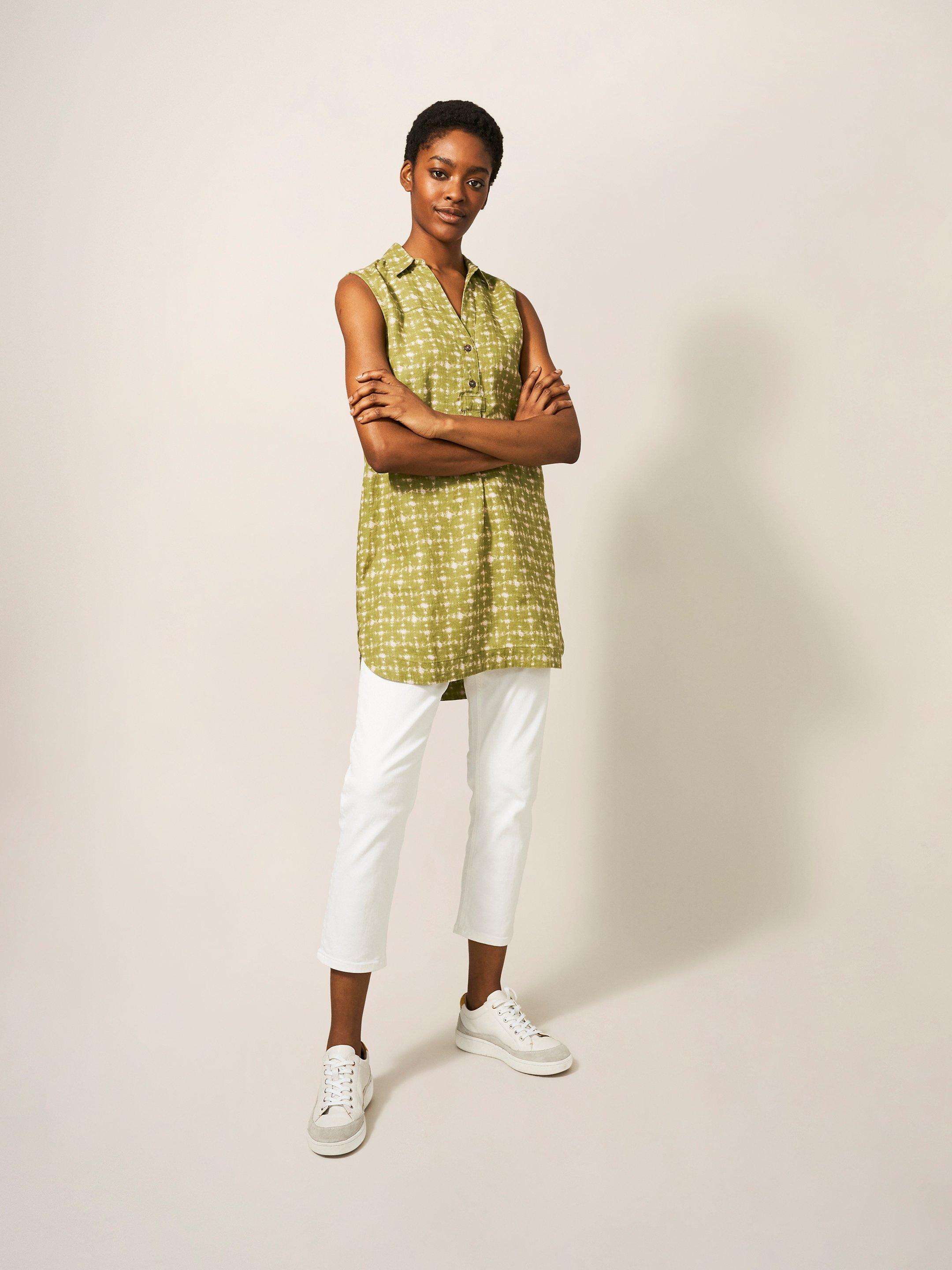 Elsie Sleeveless Linen Tunic in GREEN MULTI | White Stuff