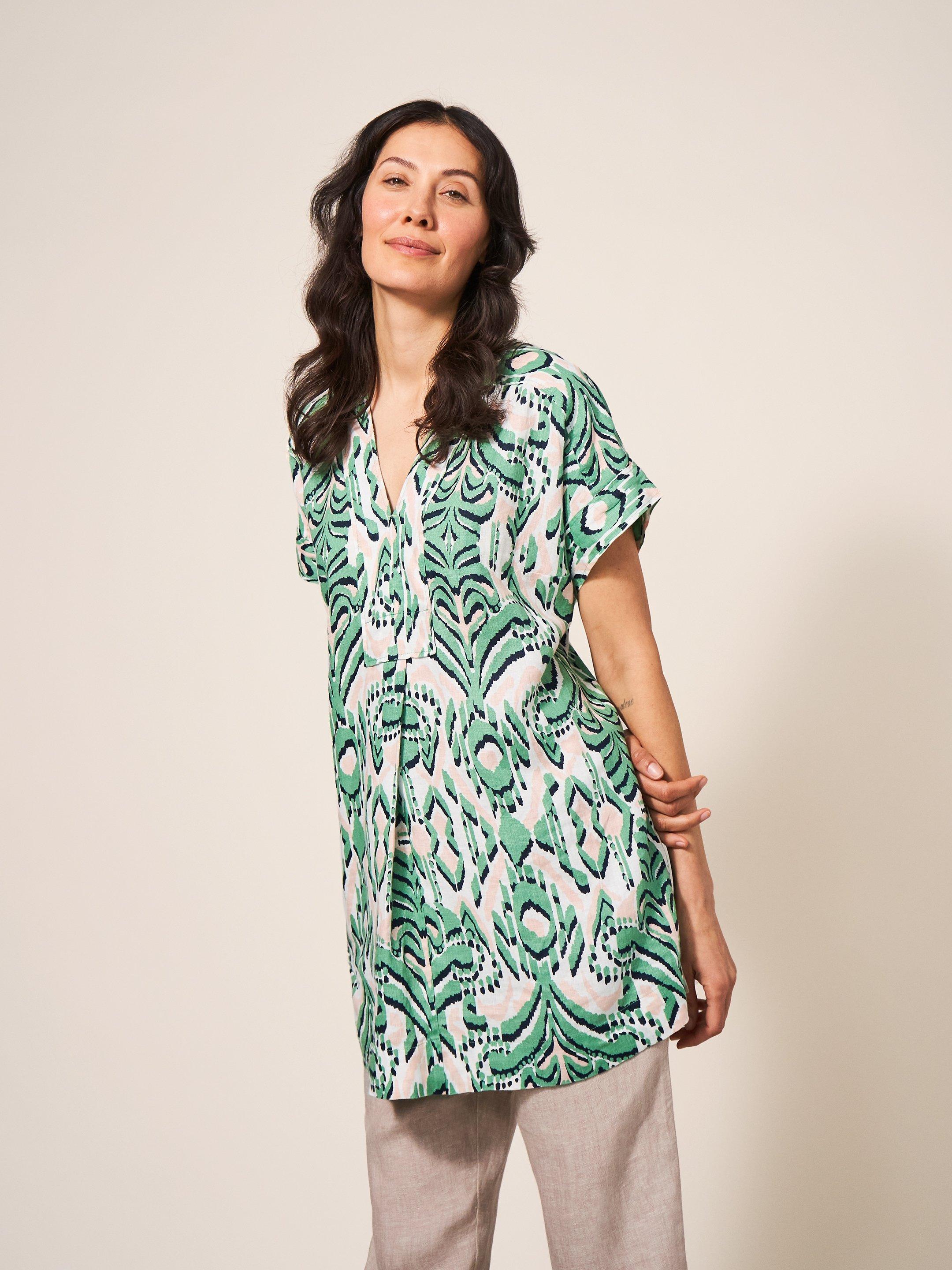 Marianne Linen Tunic Top in GREEN MULTI | White Stuff