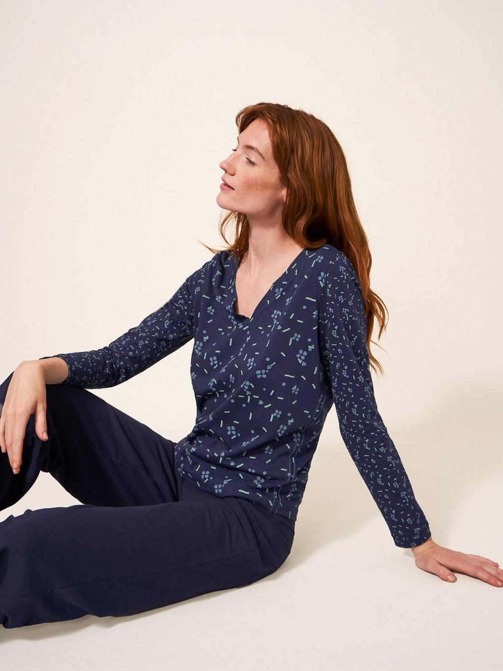 Nelly Long Sleeve T-Shirt in NAVY PRINT | White Stuff