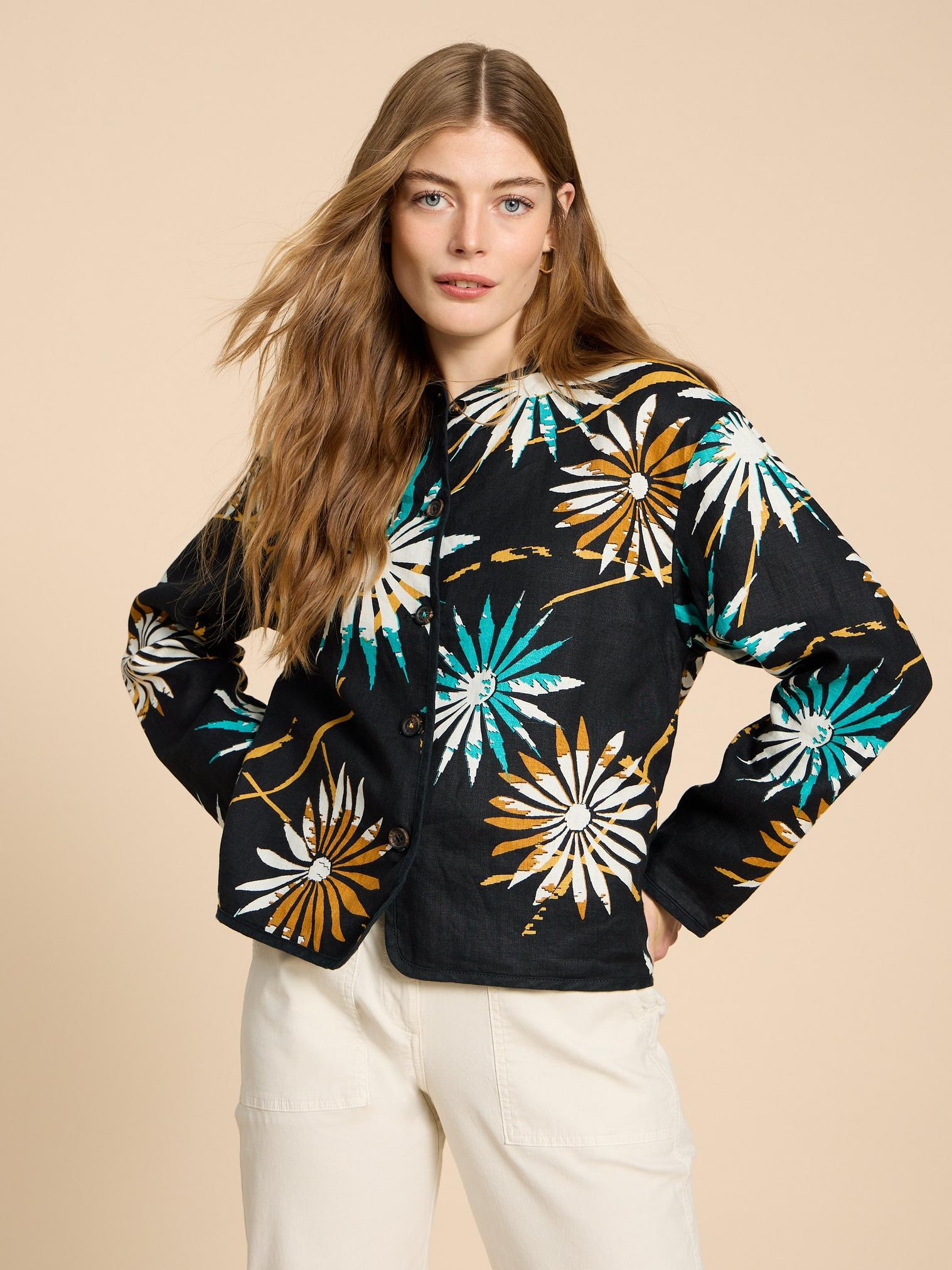 Adele Reversible Linen Jacket in BLACK PRINT | White Stuff