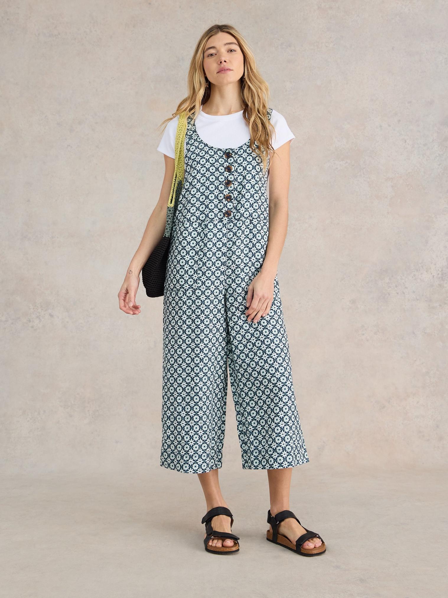 Viola Crop Linen Dungaree in GREEN PRINT | White Stuff