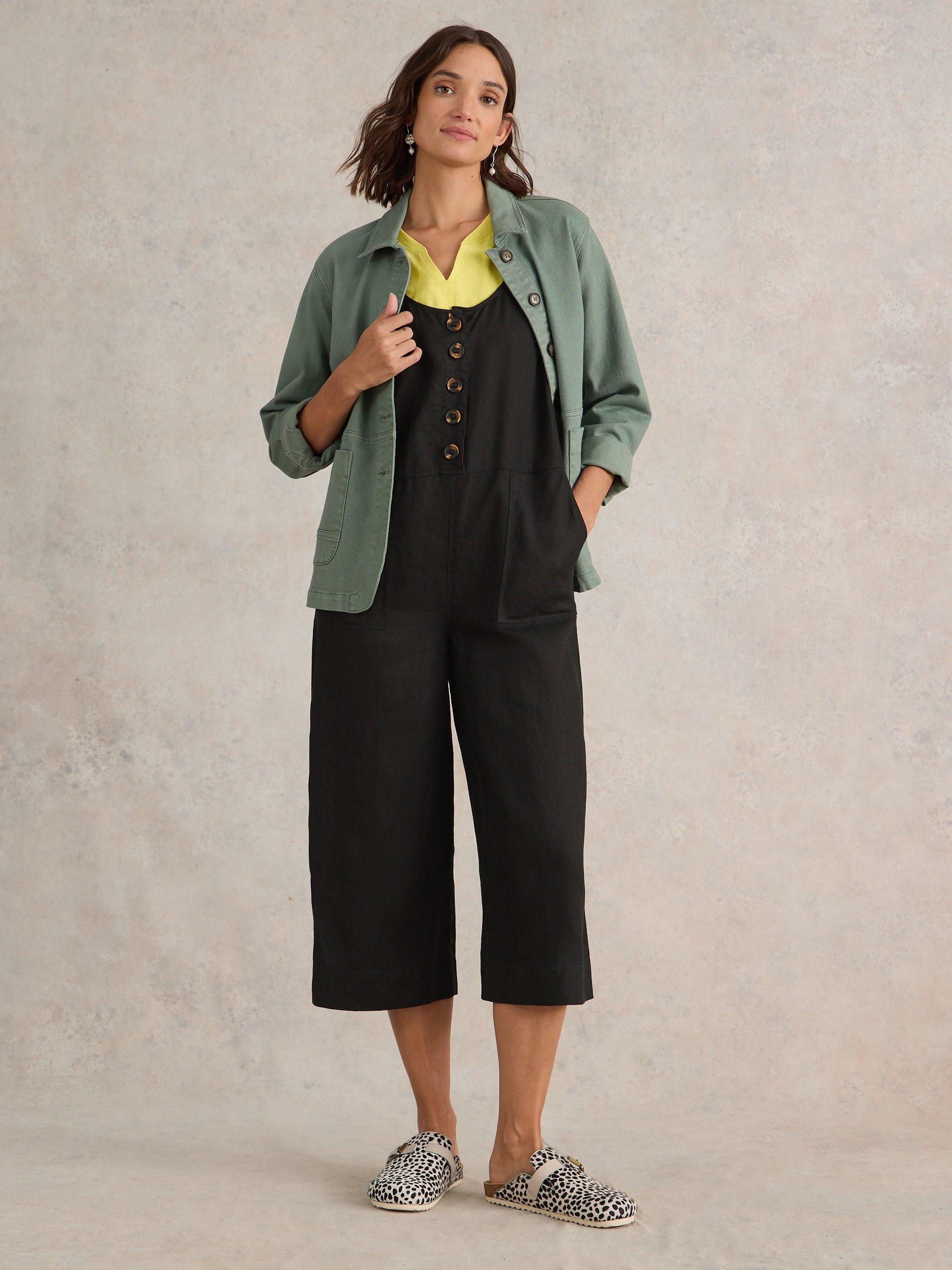 Viola Crop Linen Dungaree in PURE BLACK | White Stuff