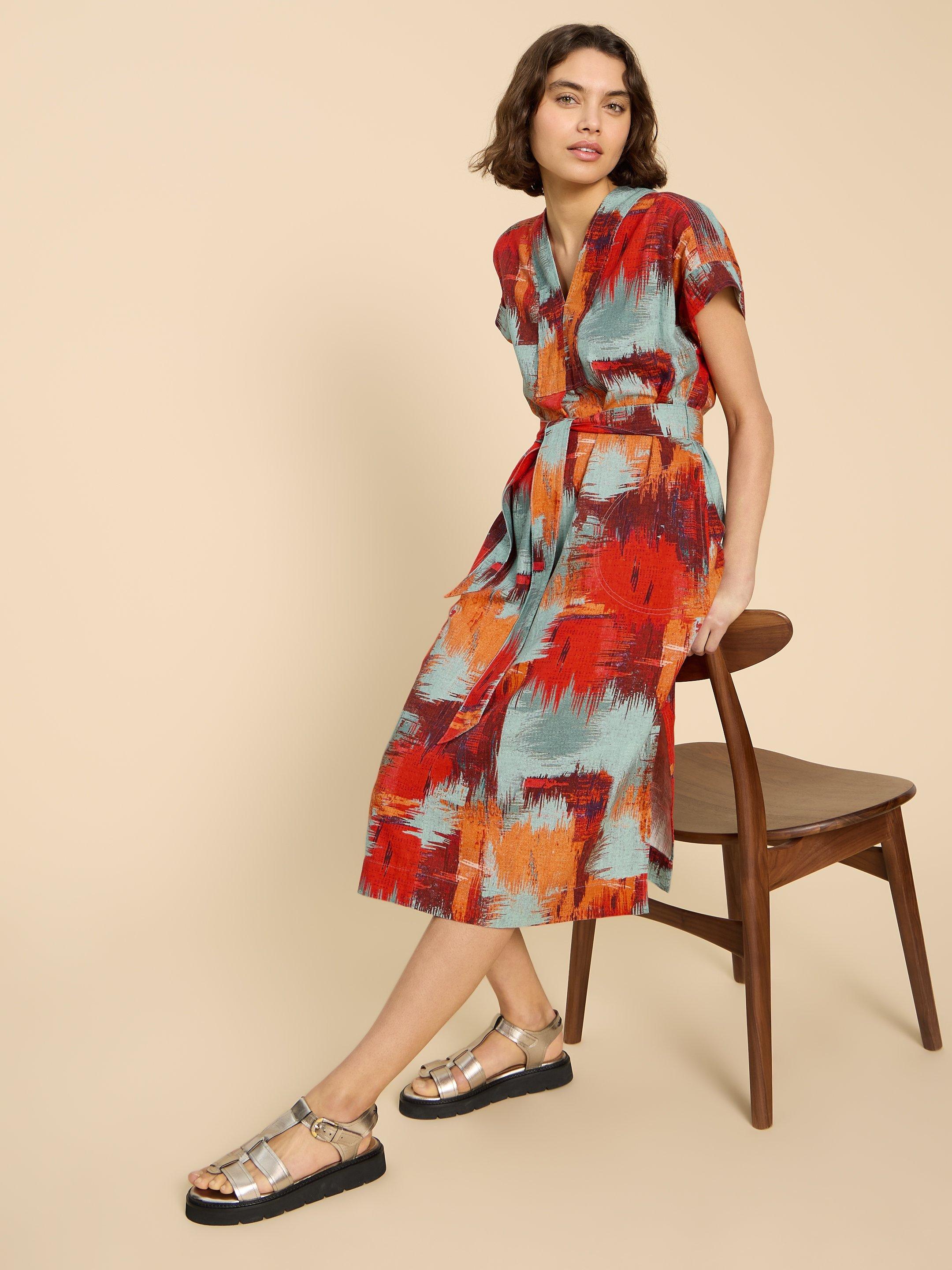 Marianne Linen Blend Dress in ORANGE PRINT | White Stuff