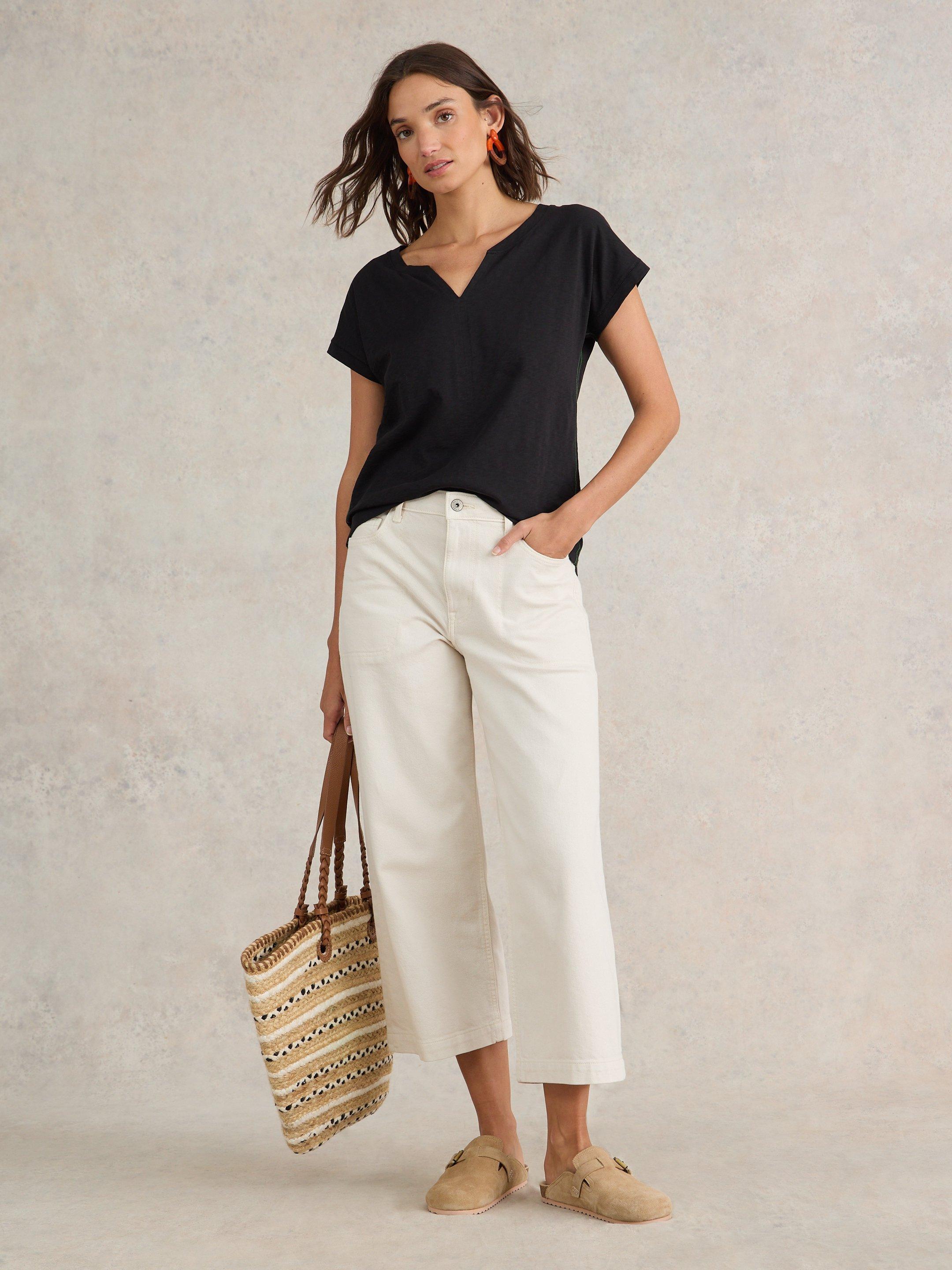 NELLY COTTON NOTCH NECK TEE in PURE BLACK | White Stuff