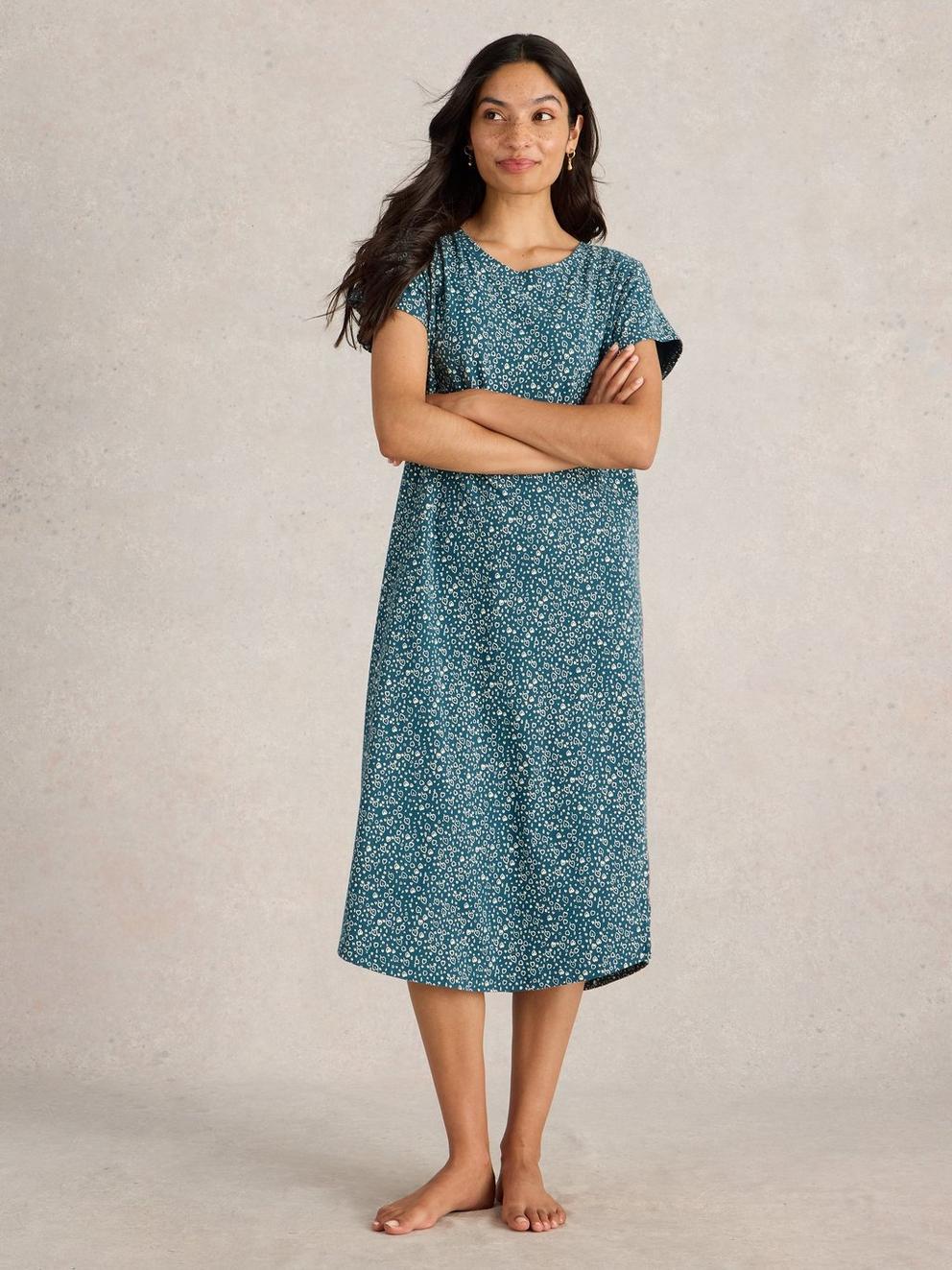 Tilda Midi Jersey Nightie in TEAL PRINT | White Stuff