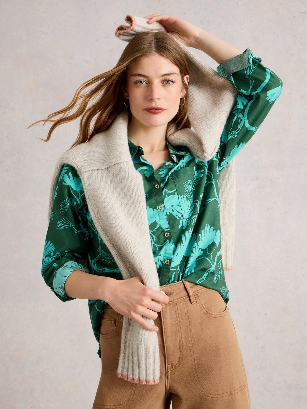 Sophie Long Sleeve Organic Cotton Shirt in GREEN PRINT | White Stuff