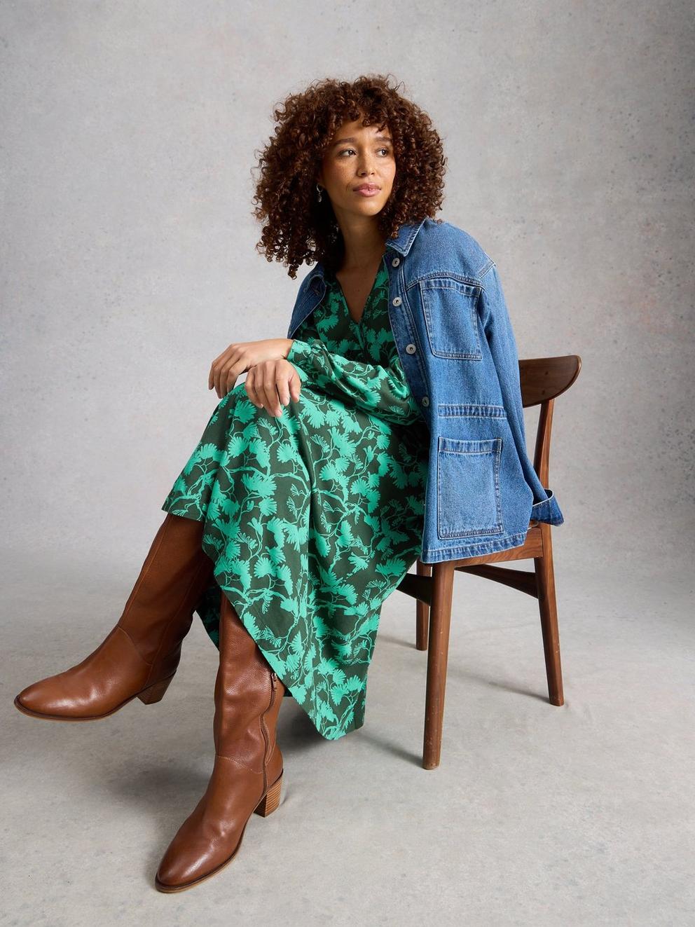 Megan Long Sleeve Jersey Midi Dress in GREEN PRINT | White Stuff