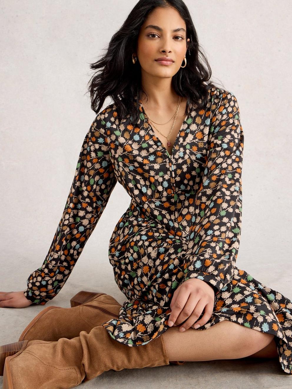 Megan V Neck Midi Jersey Dress in BLACK MULTI | White Stuff