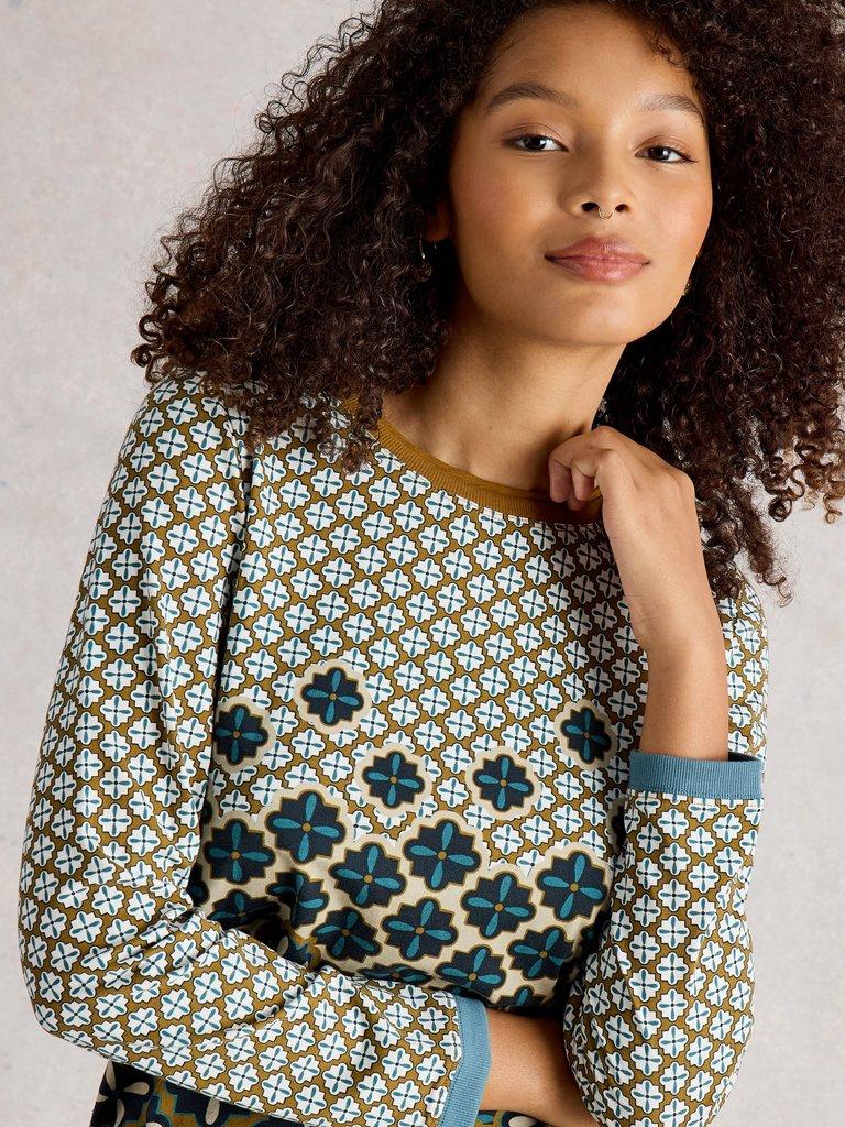 CLARA LONG SLEEVE CREW NECK TEE in CHARTREUSE PRINT | White Stuff