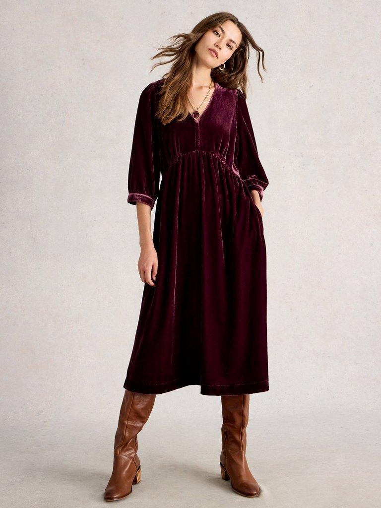 Lucy Velvet Dress in DK PLUM | White Stuff US