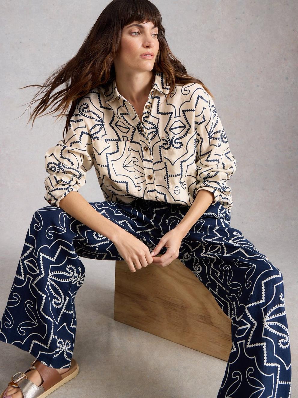 Lydia Linen Collared Shirt in IVORY PRINT | White Stuff