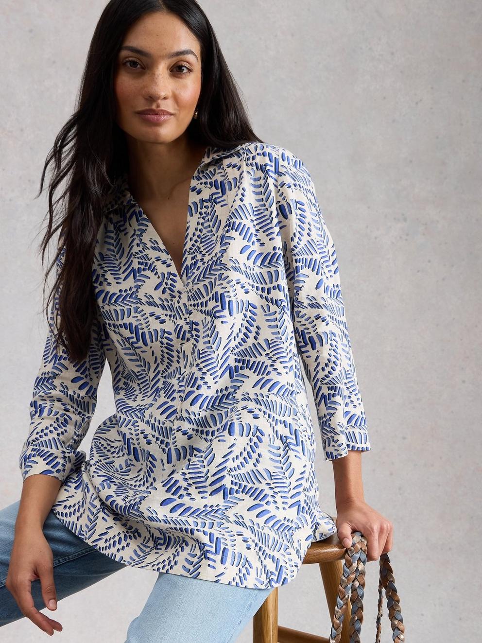 Bianca Linen Notch Neck Tunic in IVORY PRINT | White Stuff