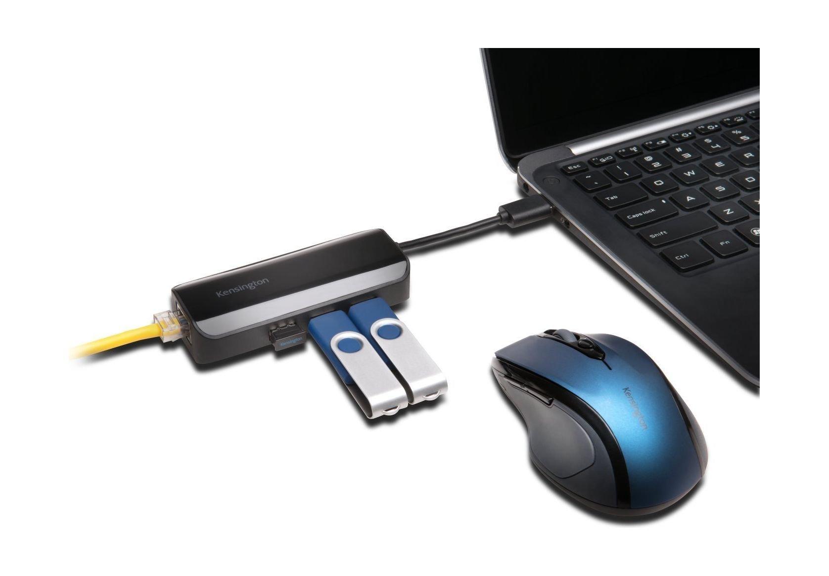 Kensington USB 3.0 Ethernet Adapter with 3 USB Port (UA3000E) - Black ...